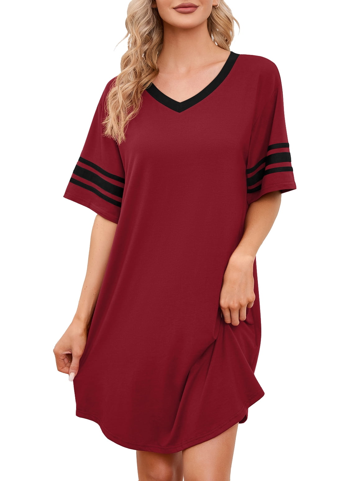 MINTREUS Women's Nightgown, Short Sleeve V-Neck Sleep Shirt, Loose ...
