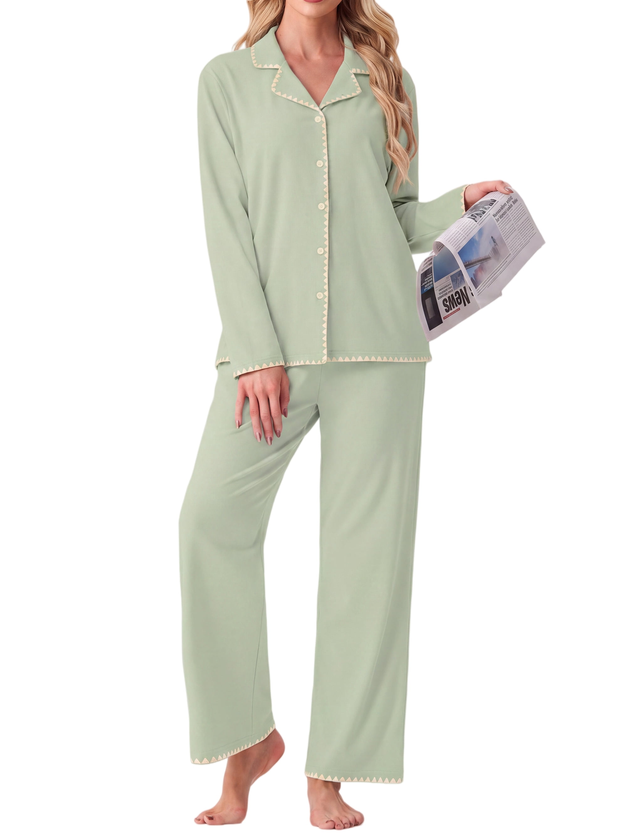 MINTREUS Pajamas for Women Set Warm Fleece Button Up Sleepwear ...