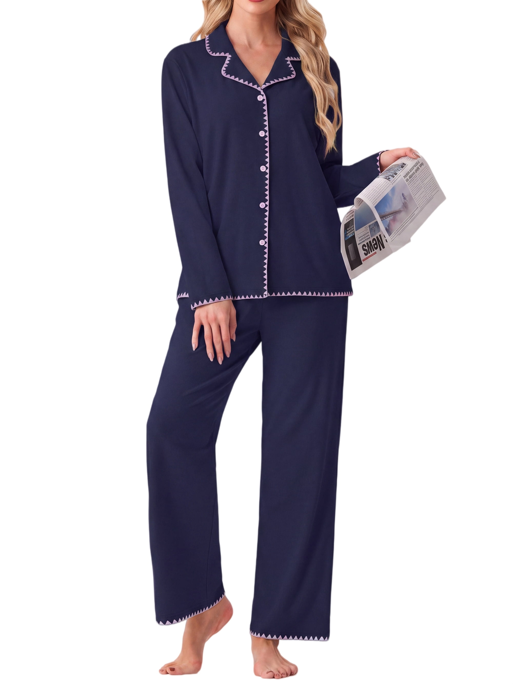 MINTREUS Pajamas for Women Set Warm Fleece Button Up Sleepwear ...