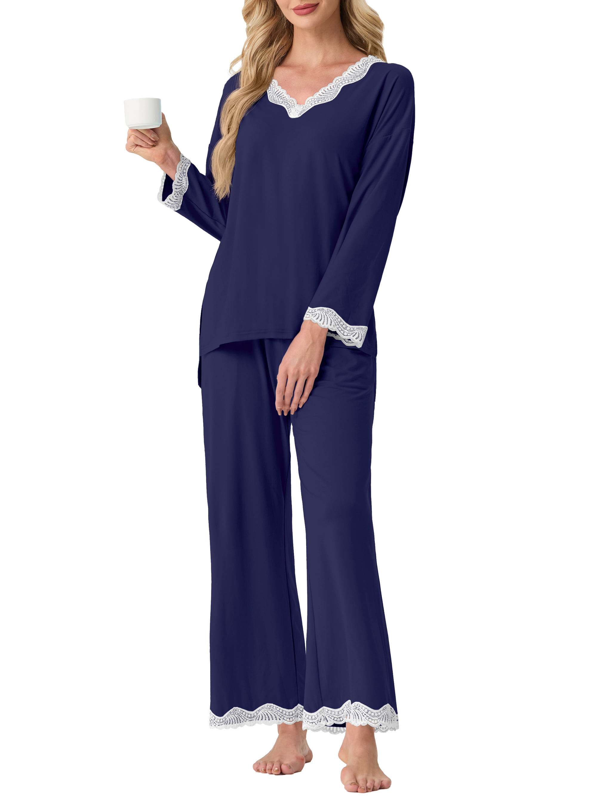 MINTREUS Pajamas for Women Long Sleeve Sleepwear Soft Two Piece Lounge ...