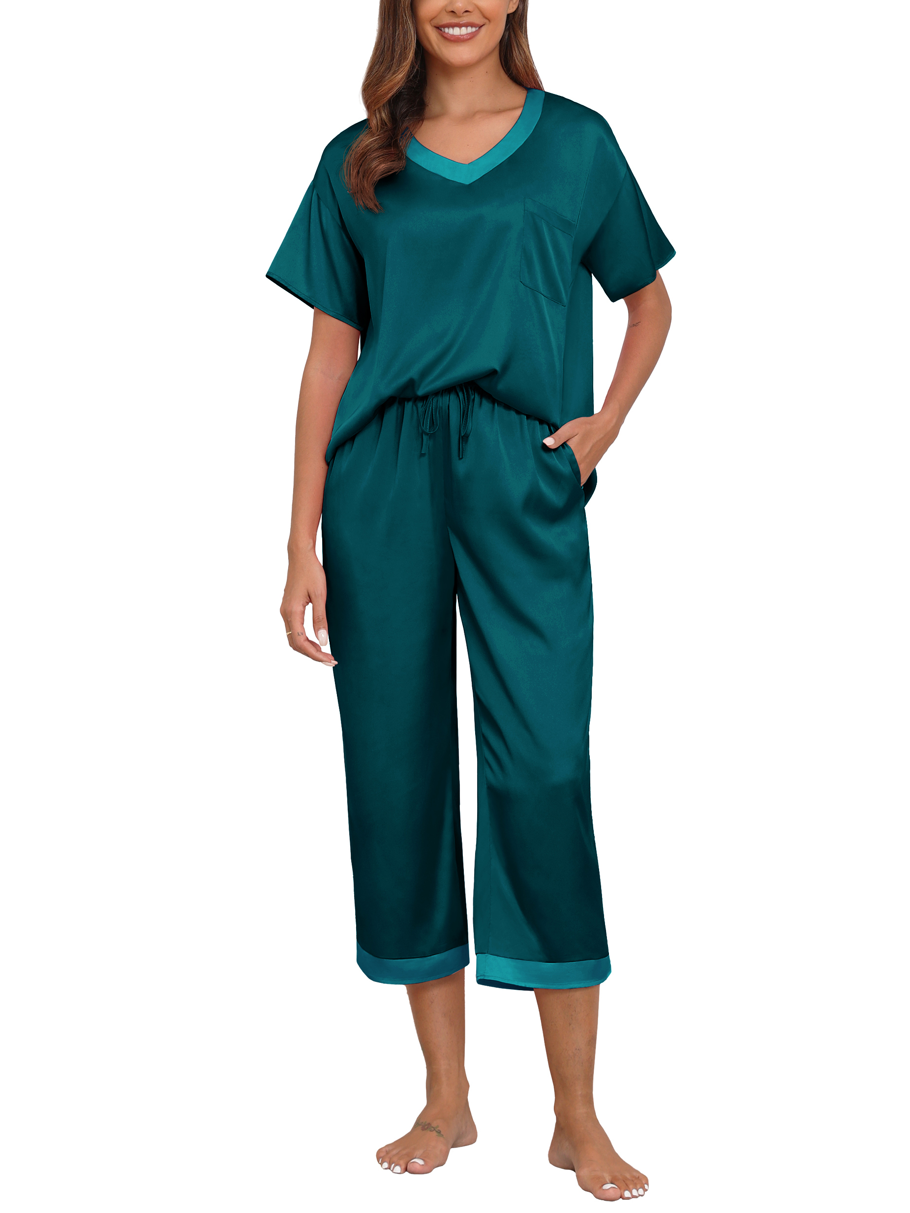 Nituyy 2Pcs Women Satin Silk Sleepwear Lace V Neck Pyjamas Set ...