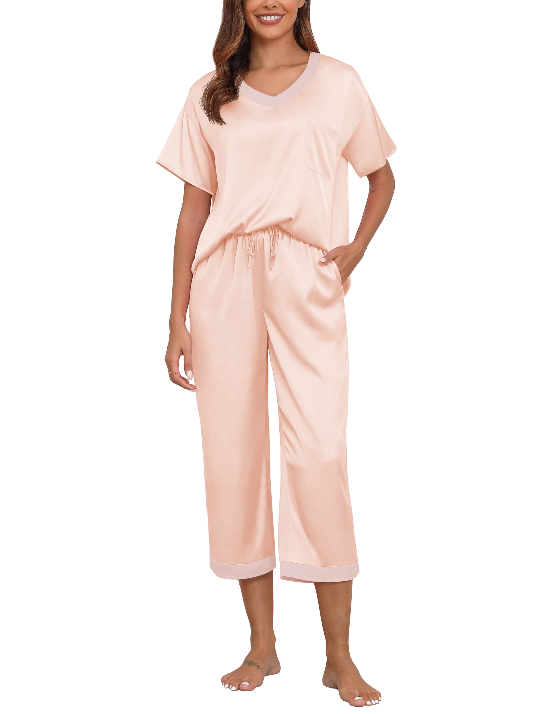 MINTREUS Women's Pajama Set Short Sleeved V-Neck Pajama Silk 2-Piece ...
