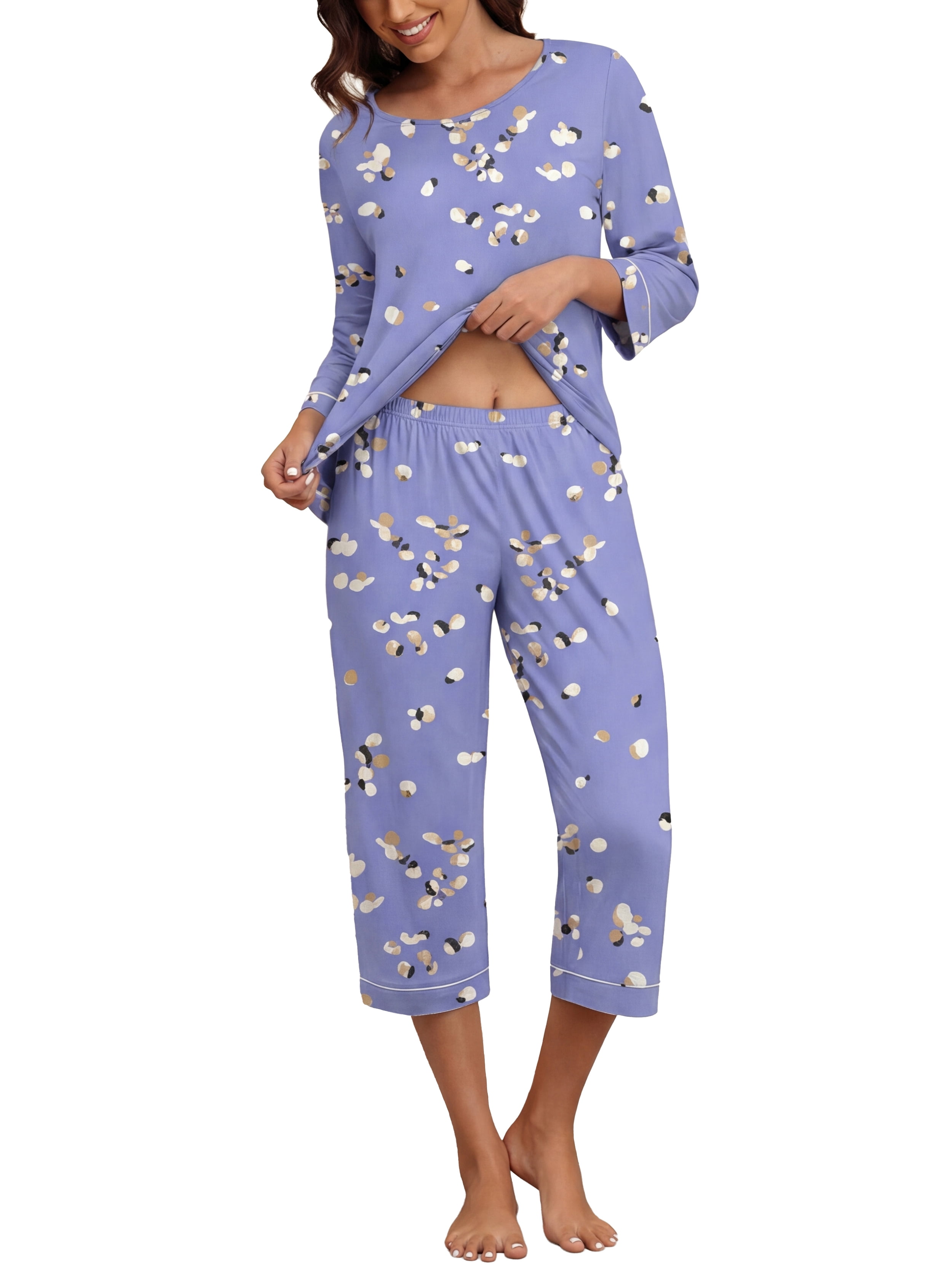 MINTREUS Women's Pajama Set Three-Quarter Sleeve Pajama Top and Pants ...