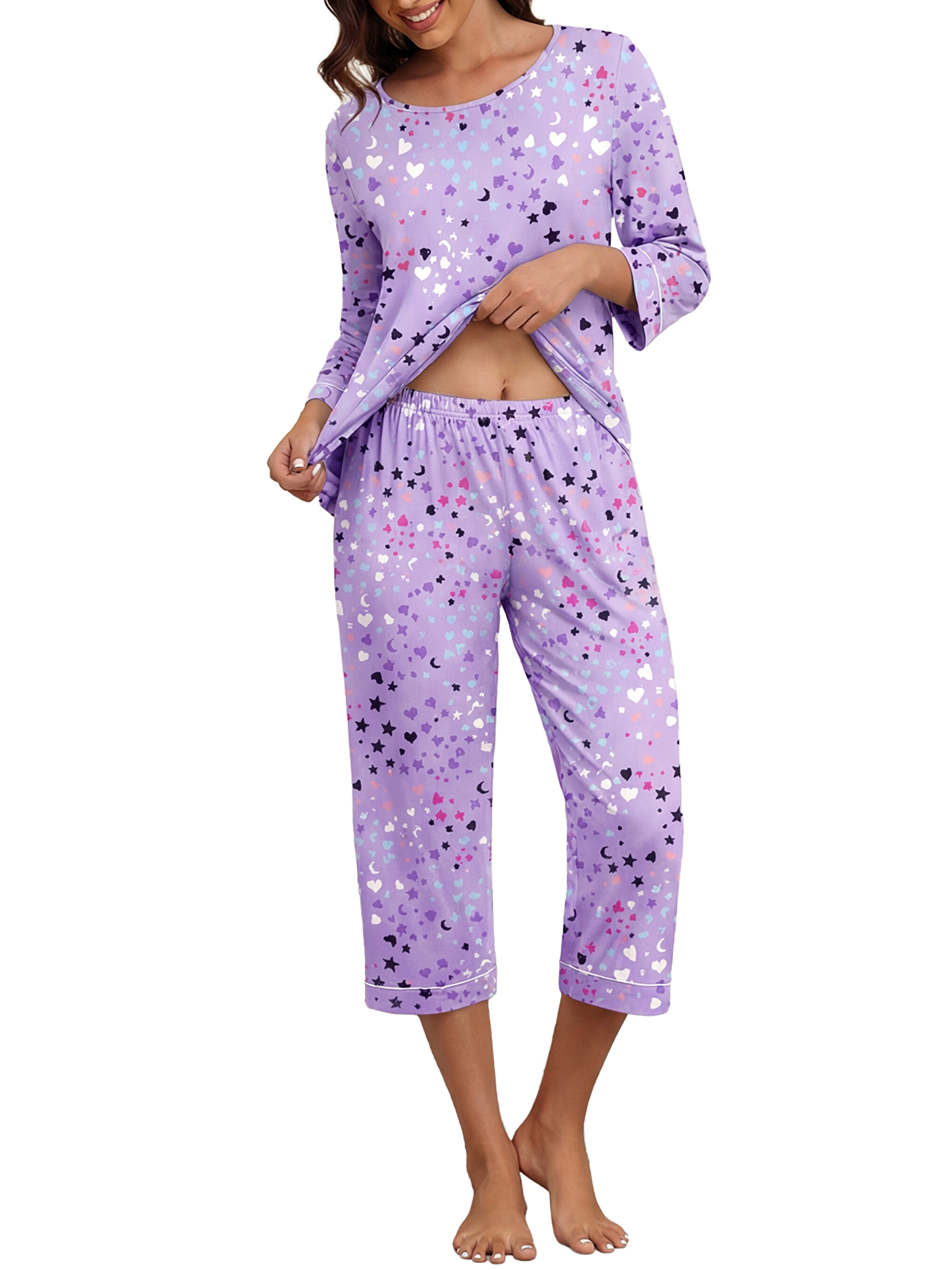 MINTREUS Women's Pajama Set Three-Quarter Sleeve Pajama Top and Pants ...