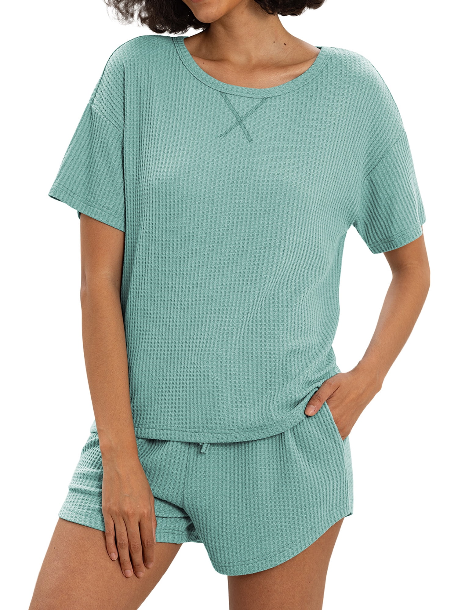 MINTREUS Womens Waffle Knit Pajama Sets Short Sleeve Tops and Shorts ...