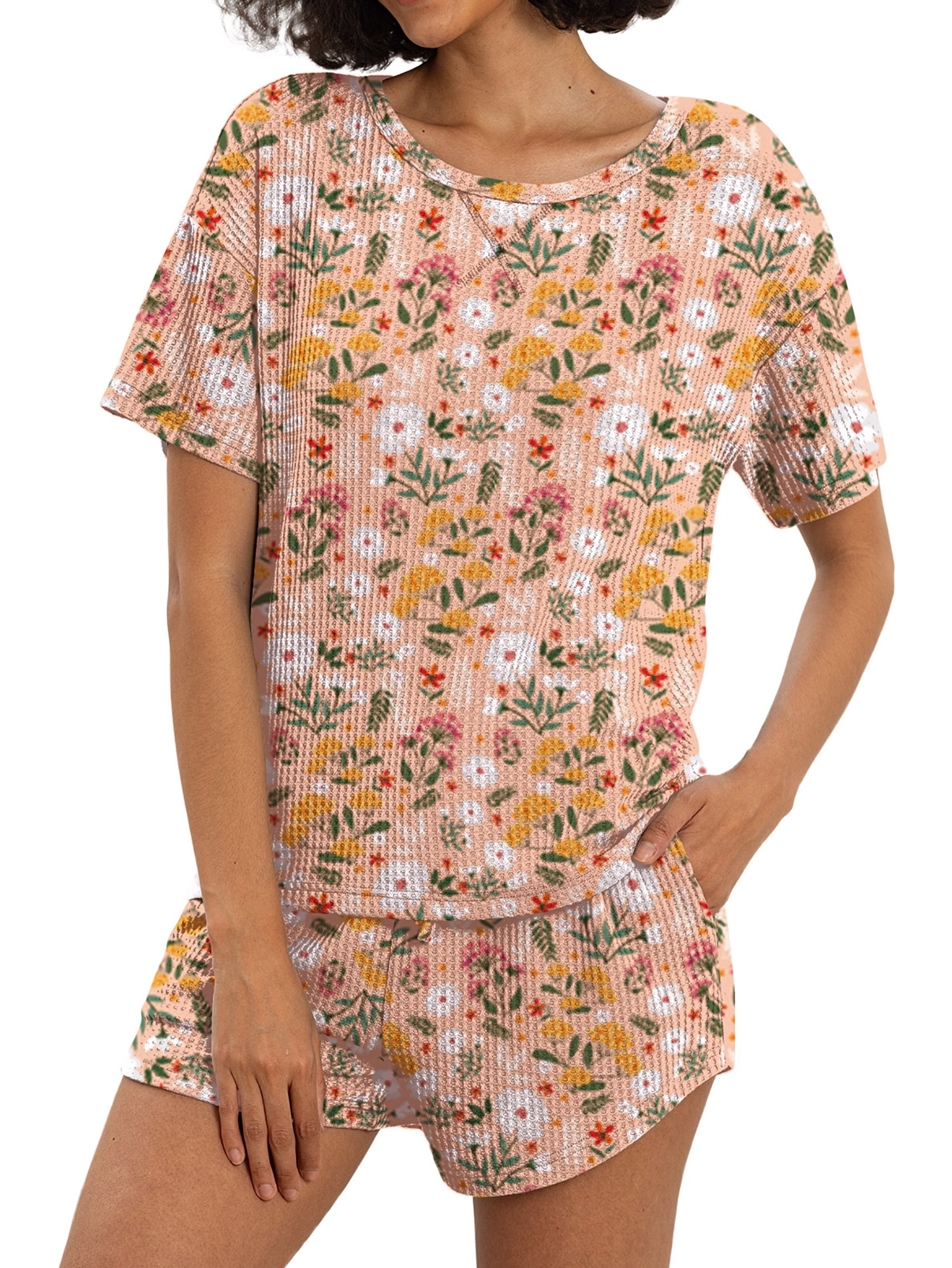 MINTREUS Womens Waffle Knit Pajama Sets Short Sleeve Tops and Shorts ...