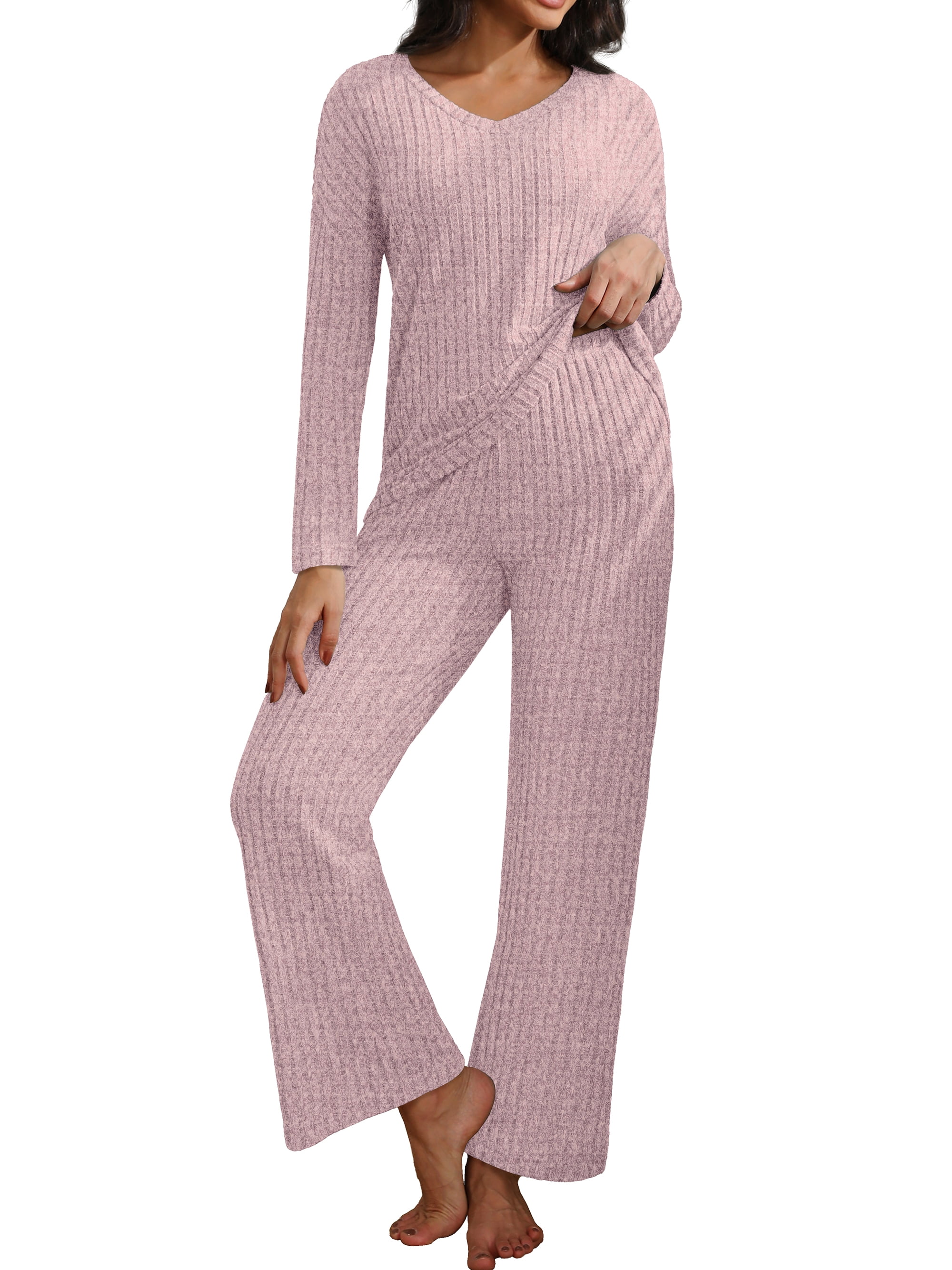 MINTREUS Women's Pajama Sets Long Sleeve V Neck Lounge Sets Soft Ribbed ...