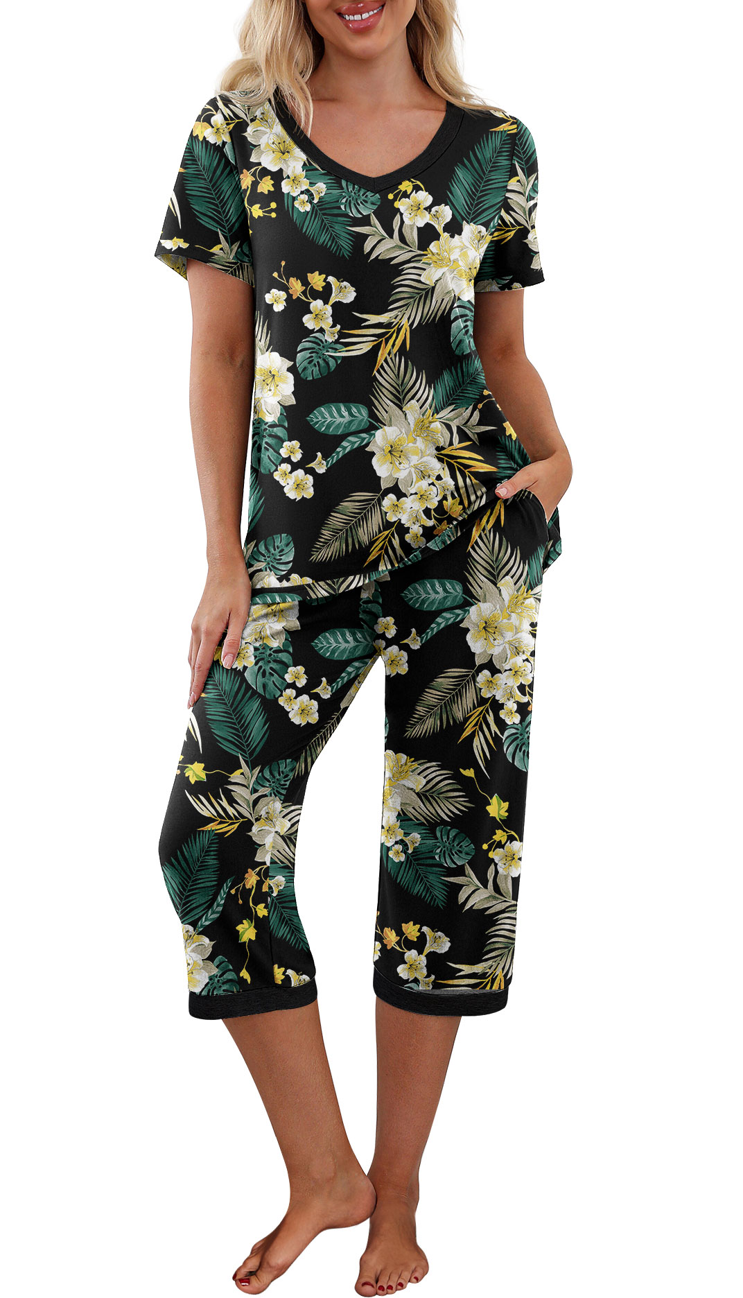 Dyegold Women's Capri Pajama Set Short Sleeve Shirt And Capri Pants ...