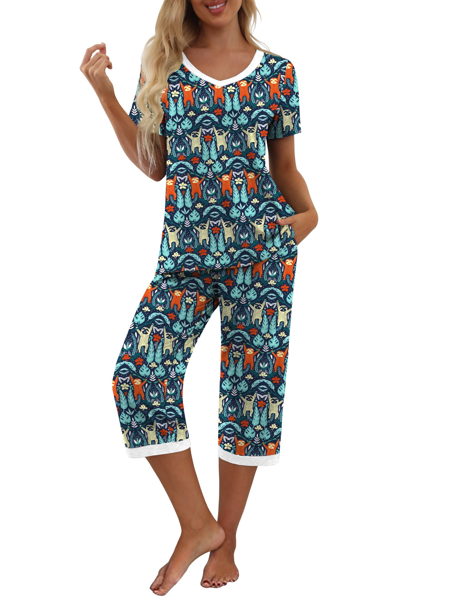 MINTREUS Women's Sleepwear Capri Pajama Sets Short Sleeve Two-Piece Pjs ...