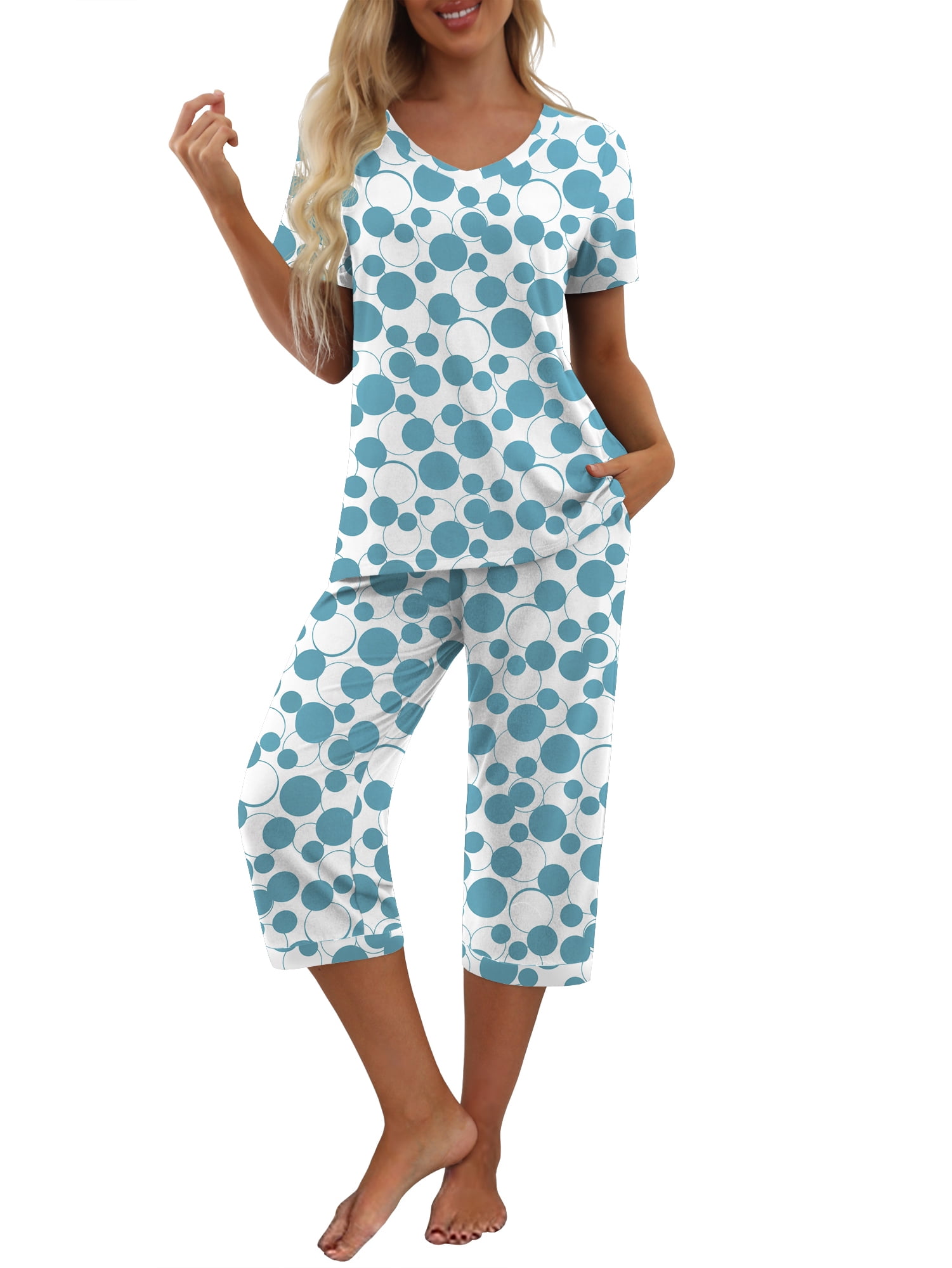 MINTREUS Women's Sleepwear Capri Pajama Sets Short Sleeve Two-Piece Pjs ...