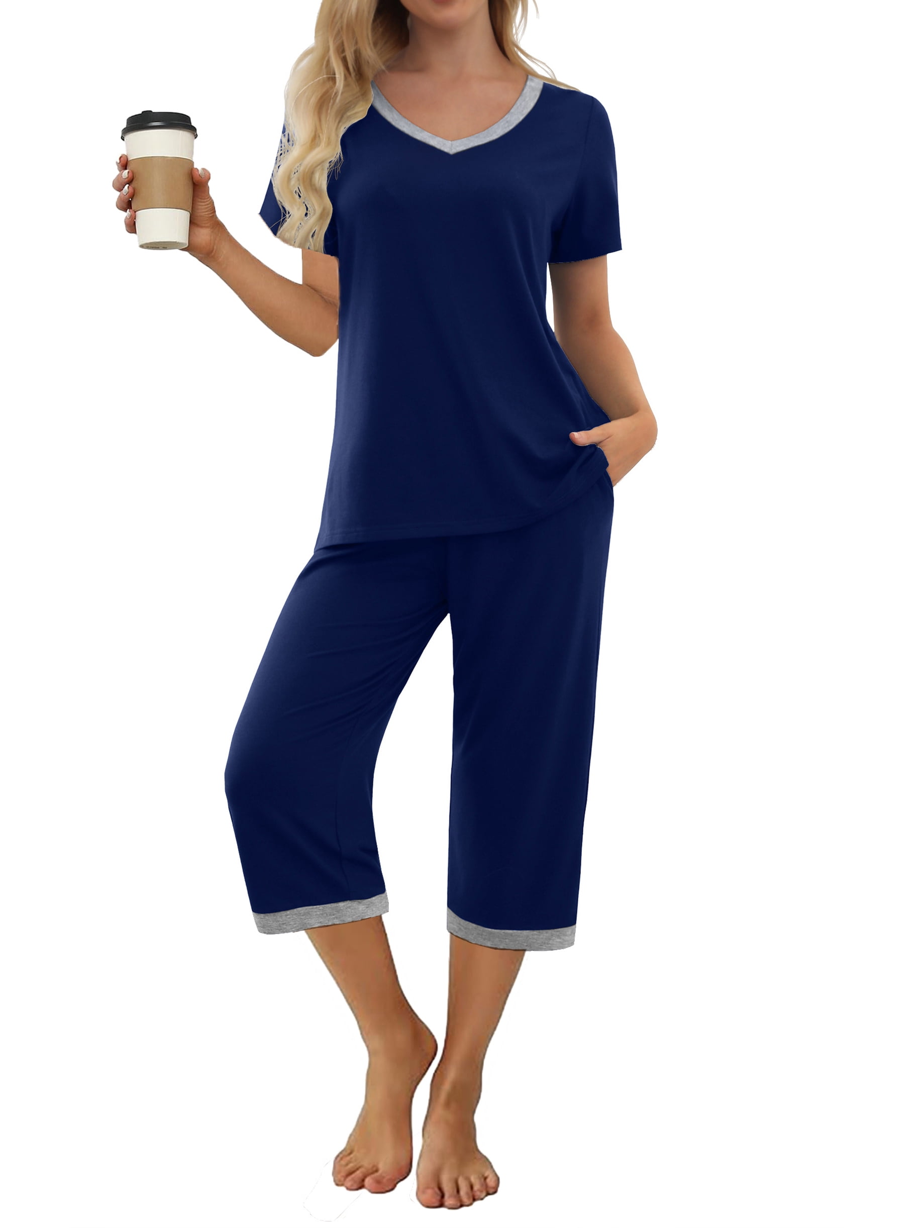 MINTREUS Women's Capri Pajama Sets, Short Sleeve Shirt, Soft Rayon ...