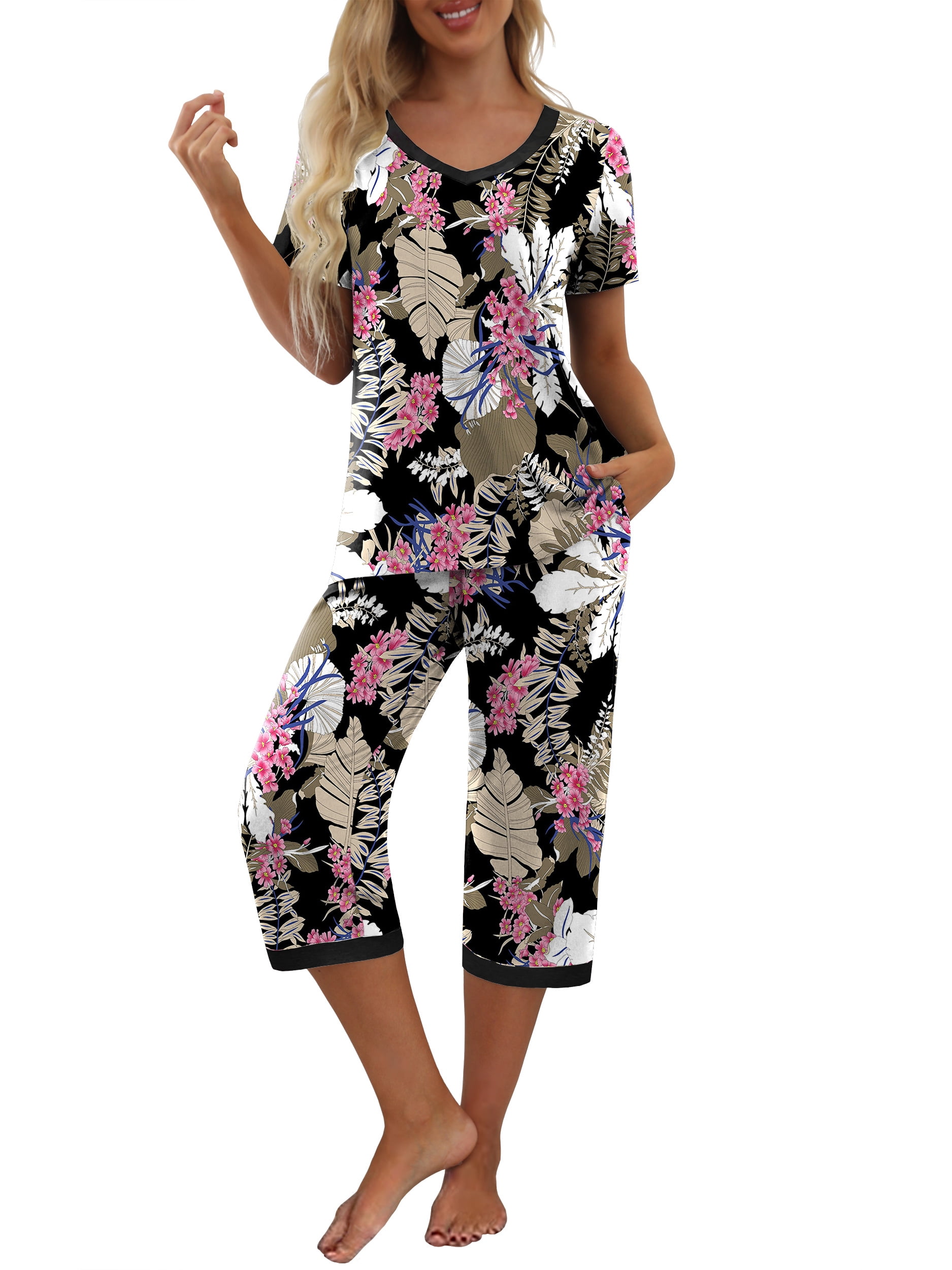 MINTREUS Women's Soft Pajama Sets with Pockets, Short Sleeve Shirt and ...