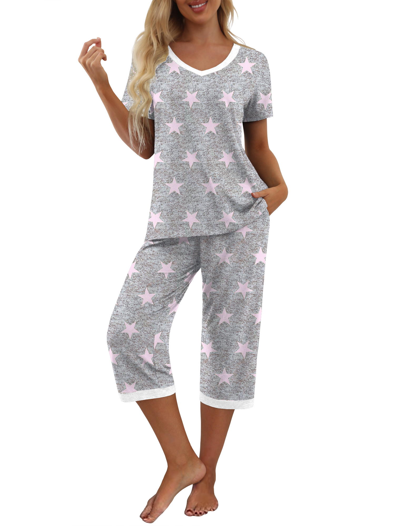 MINTREUS Women's Pajama Sets Short Sleeve Shirt and Capri Soft Pajama ...