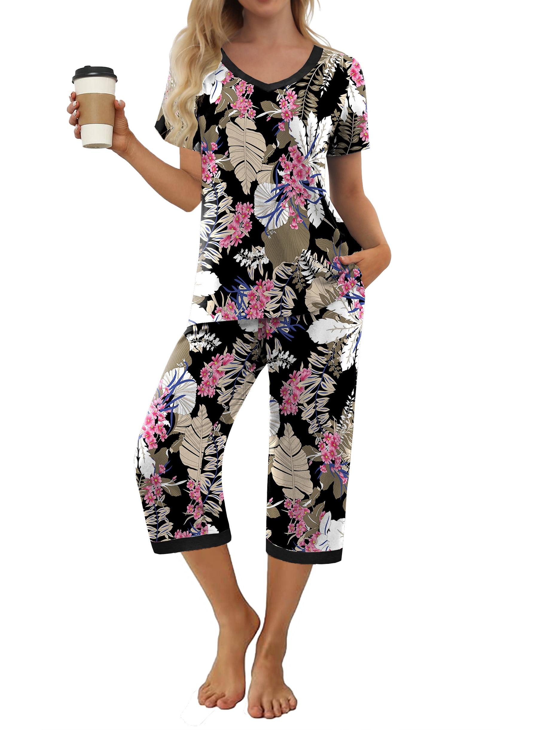 MINTREUS Women's Pajama Sets Short Sleeve Shirt and Capri Soft Pajama ...