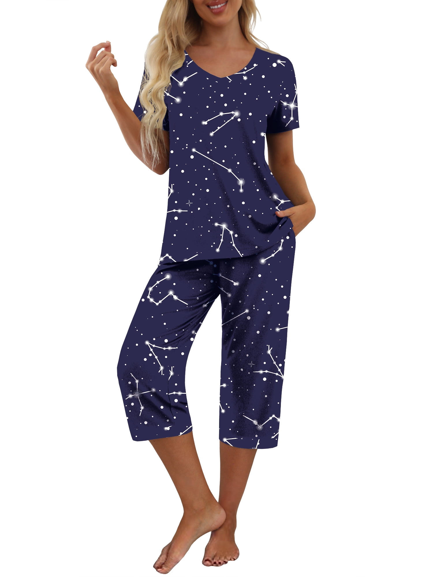 MINTREUS Women's Sleepwear Capri Pajama Sets Short Sleeve Two-Piece Pjs ...