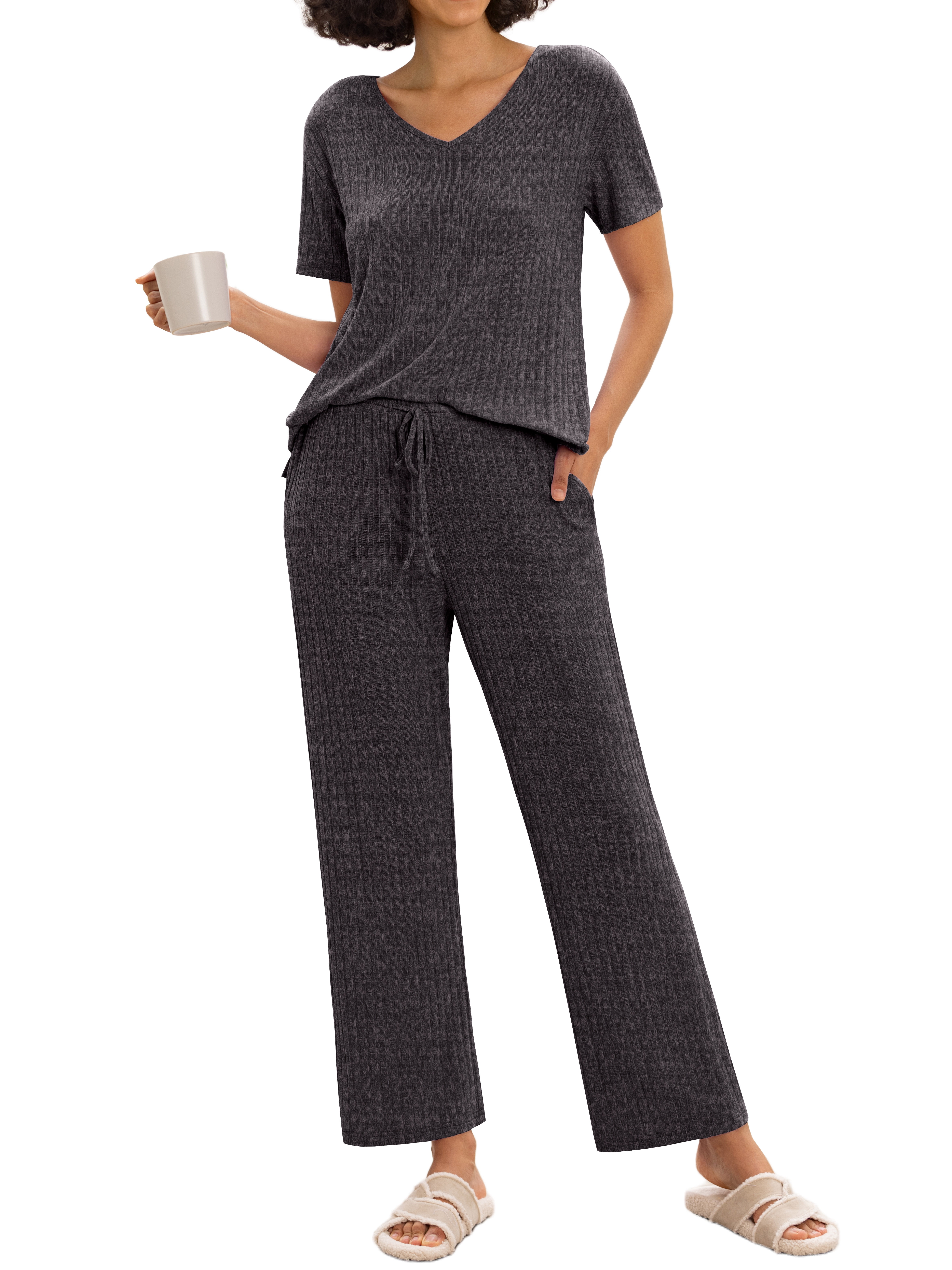 MINTREUS Women's Ribbed Knit Pajama Set Soft Lounge Set Lightweight ...