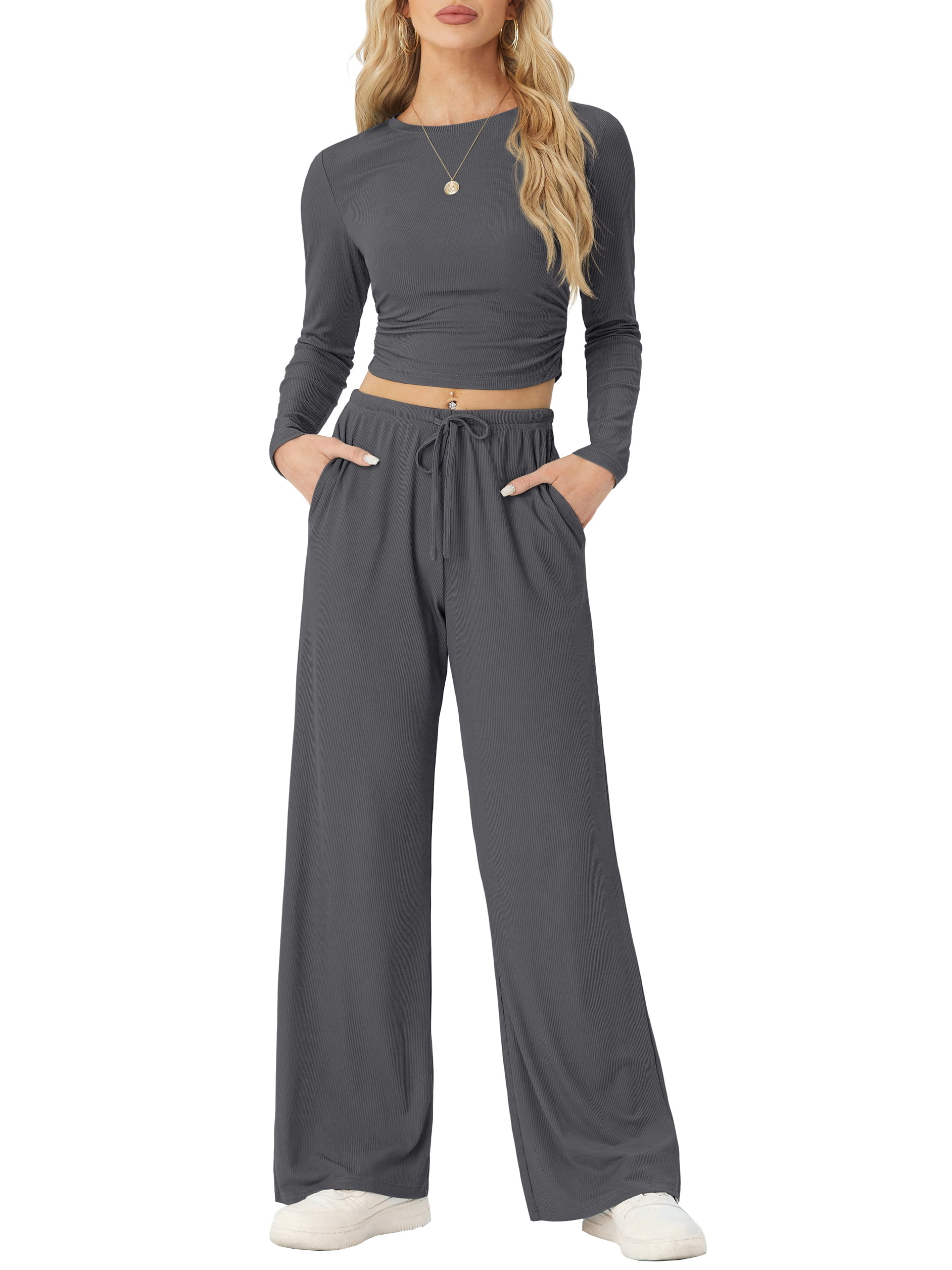 MINTREUS Women's Ribbed Knit Two Piece Outfits Lounge Sets Long Sleeve ...