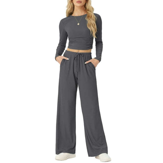 MINTREUS Women's Ribbed Knit Two Piece Outfits Lounge Sets Long Sleeve ...