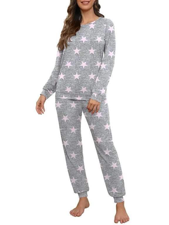 Balery Flower White Cow Pattern Pajama Sets for Women Long Sleeve 2 ...