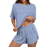 MINTREUS Womens Pajama Sets Striped Print Crew Neck Short Sleeve Tee ...