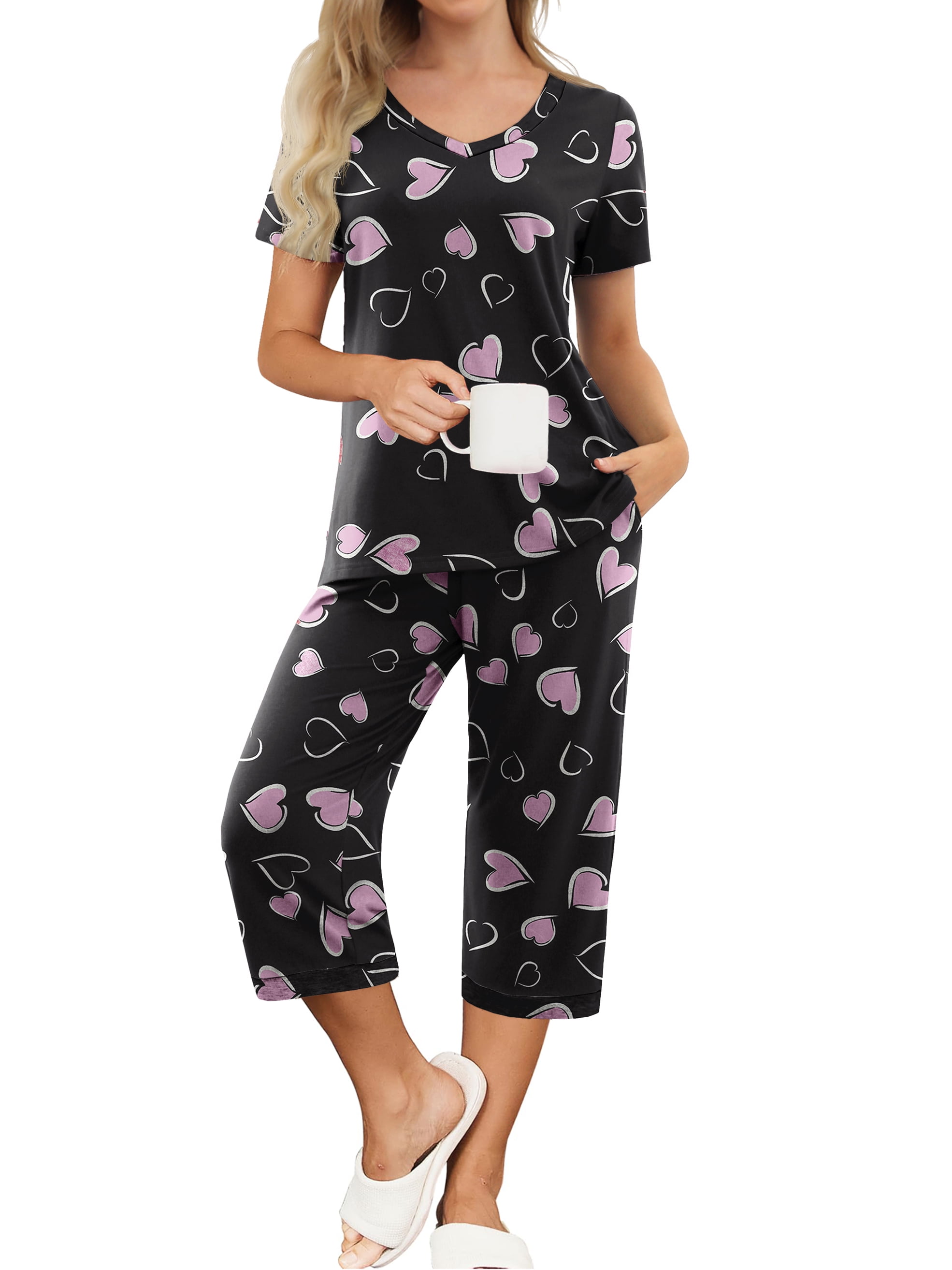 MINTREUS Womens Pajama Sets, Short Sleeve Top and Capri Pants with ...