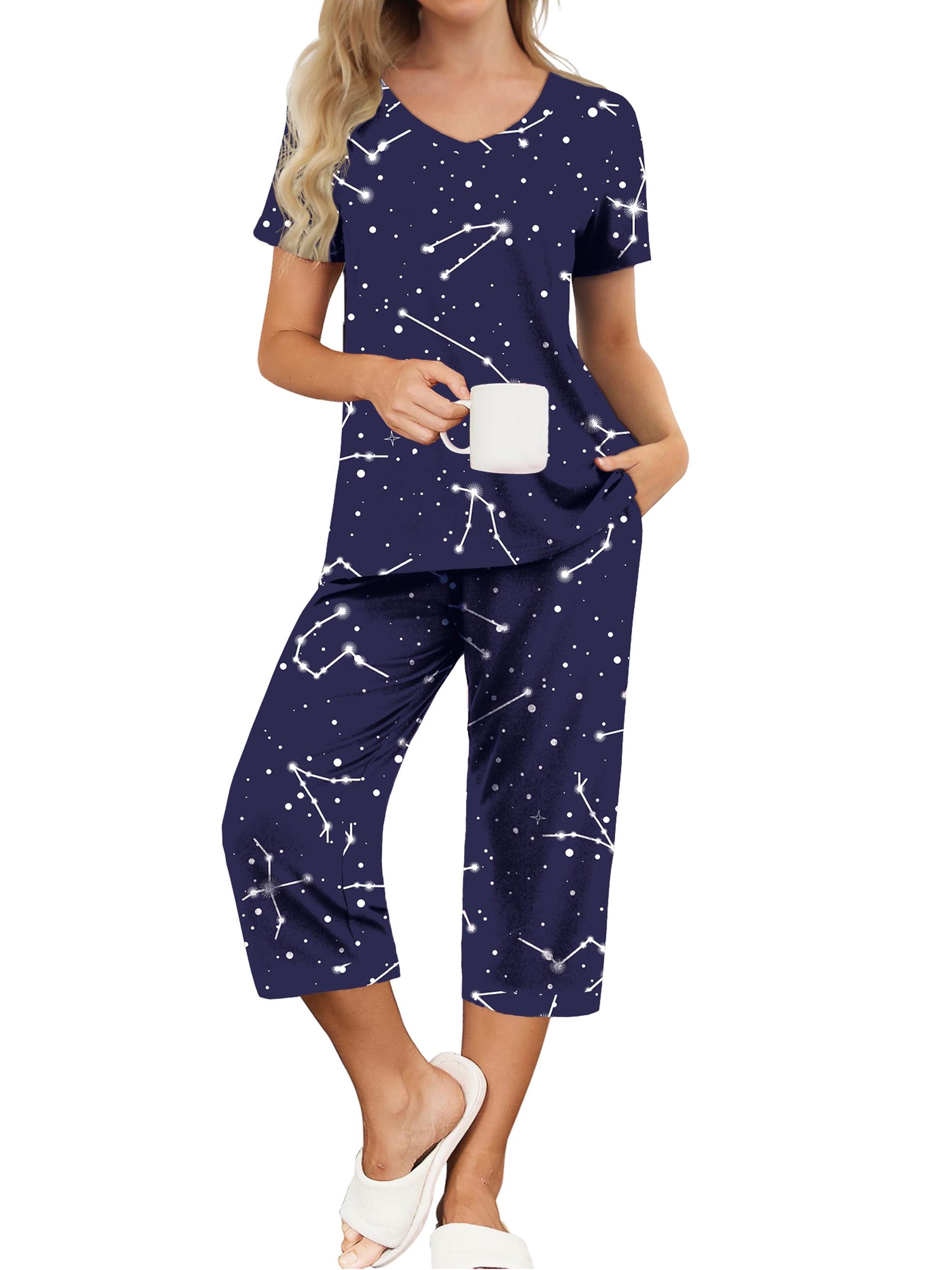 MINTREUS Womens Pajama Sets, Short Sleeve Top and Capri Pants, Soft PJs ...