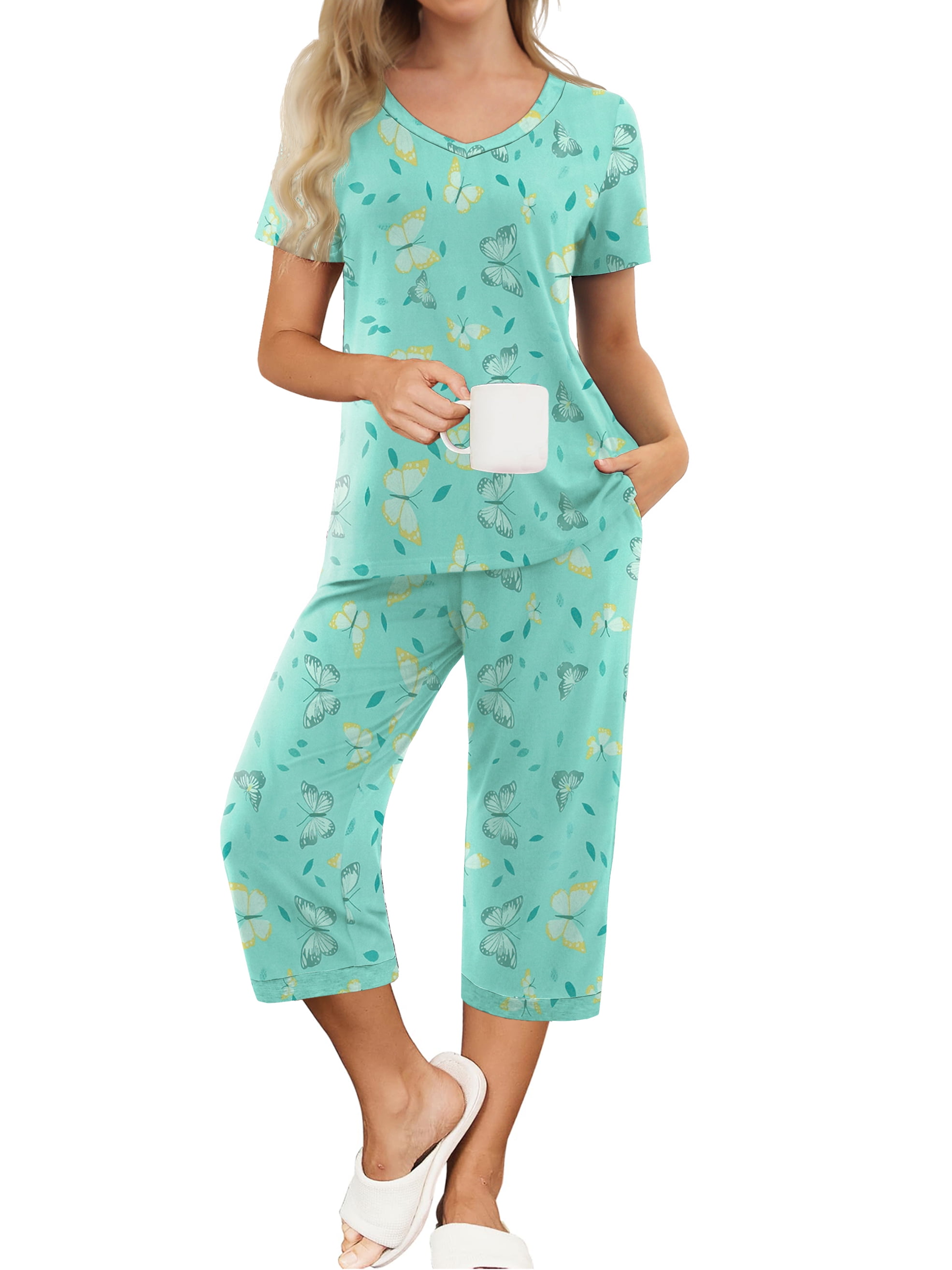 MINTREUS Womens Summer Pajamas, Short Sleeve Top and Capri Lounge Pants Set, Soft Sleepwear ...