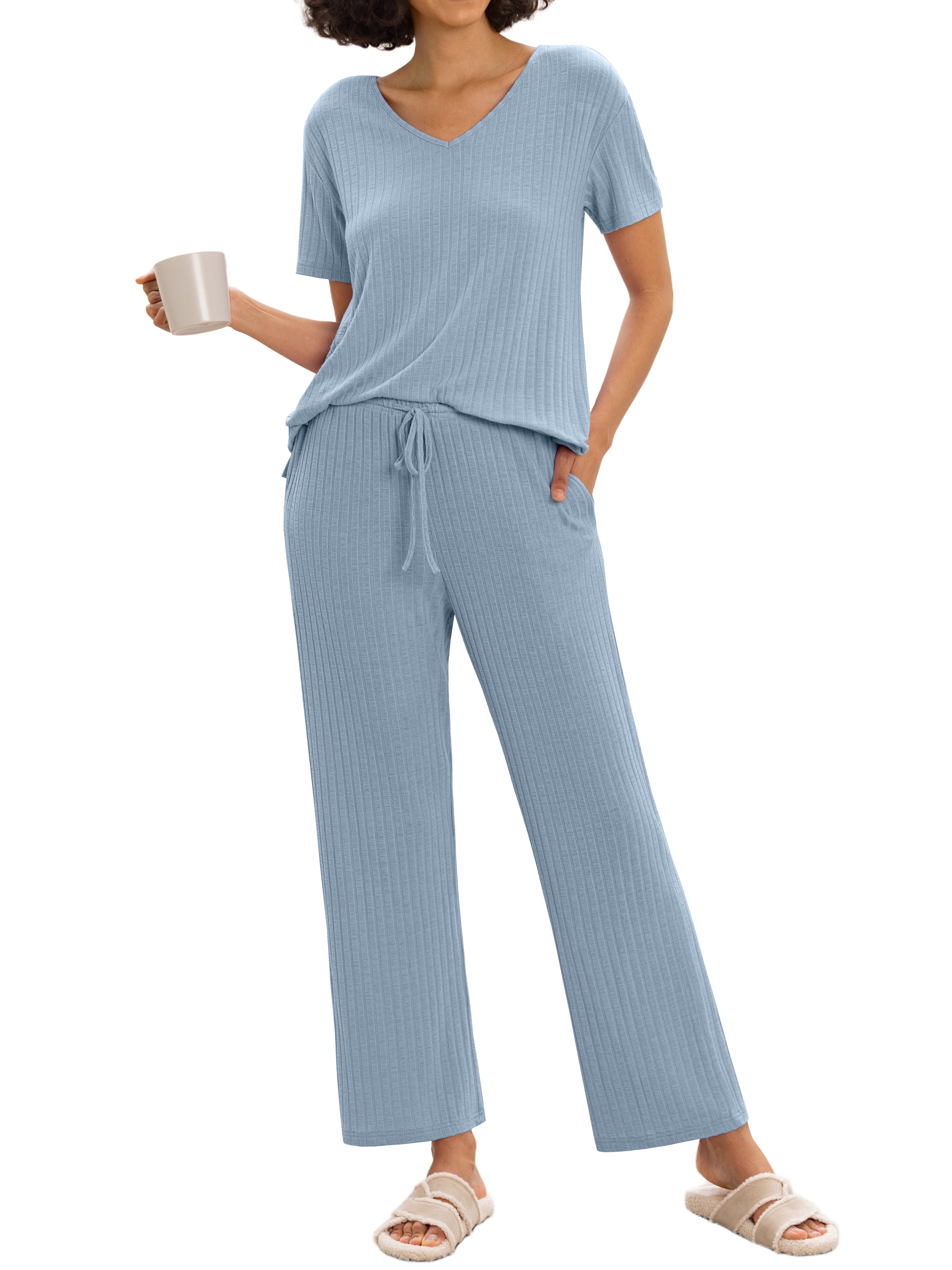 MINTREUS Women's Ribbed Knit Pajama Set Soft Lounge Set Lightweight ...