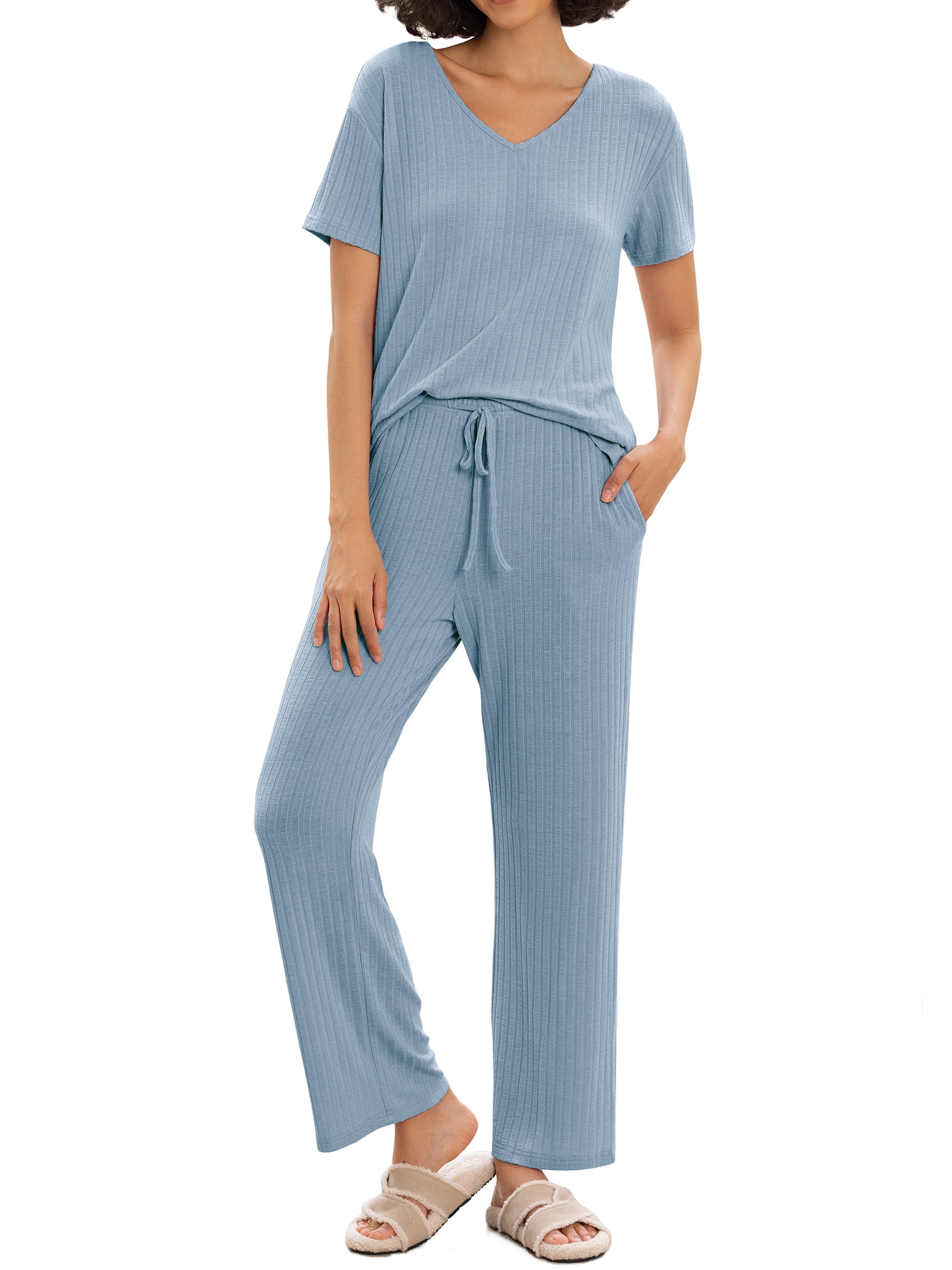 MINTREUS Women's Ribbed Knit Pajama Set Loungewear Set V-Neck Sleepwear ...