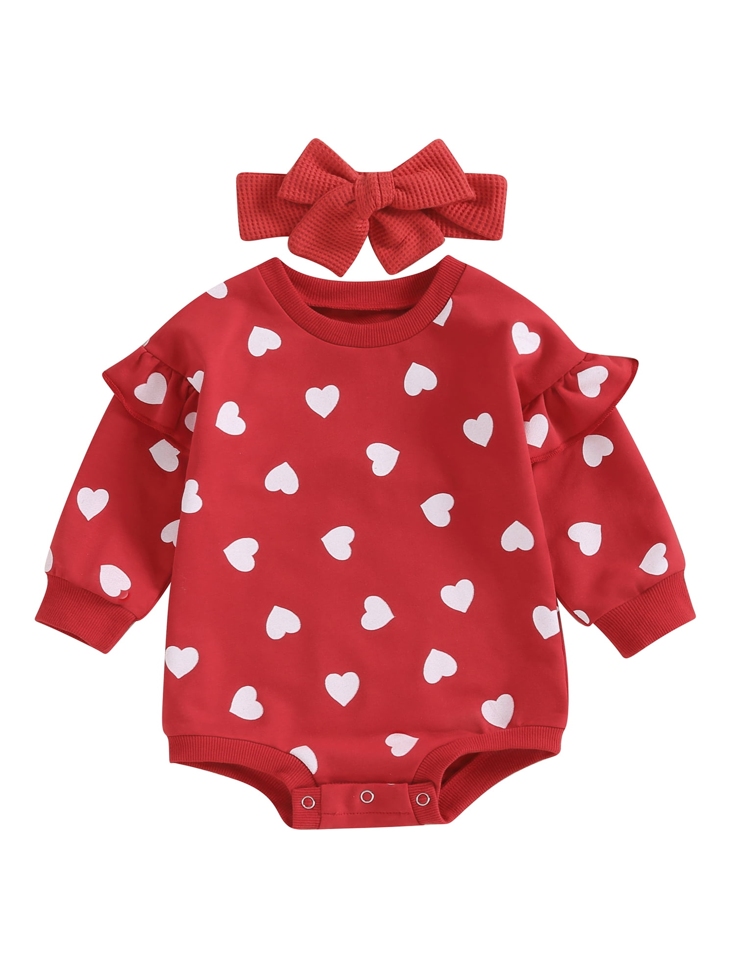 MIPREWUY Baby Girl Valentine´s Day Outfits Ruffle Long Sleeve Heart Print Romper with Headband ...