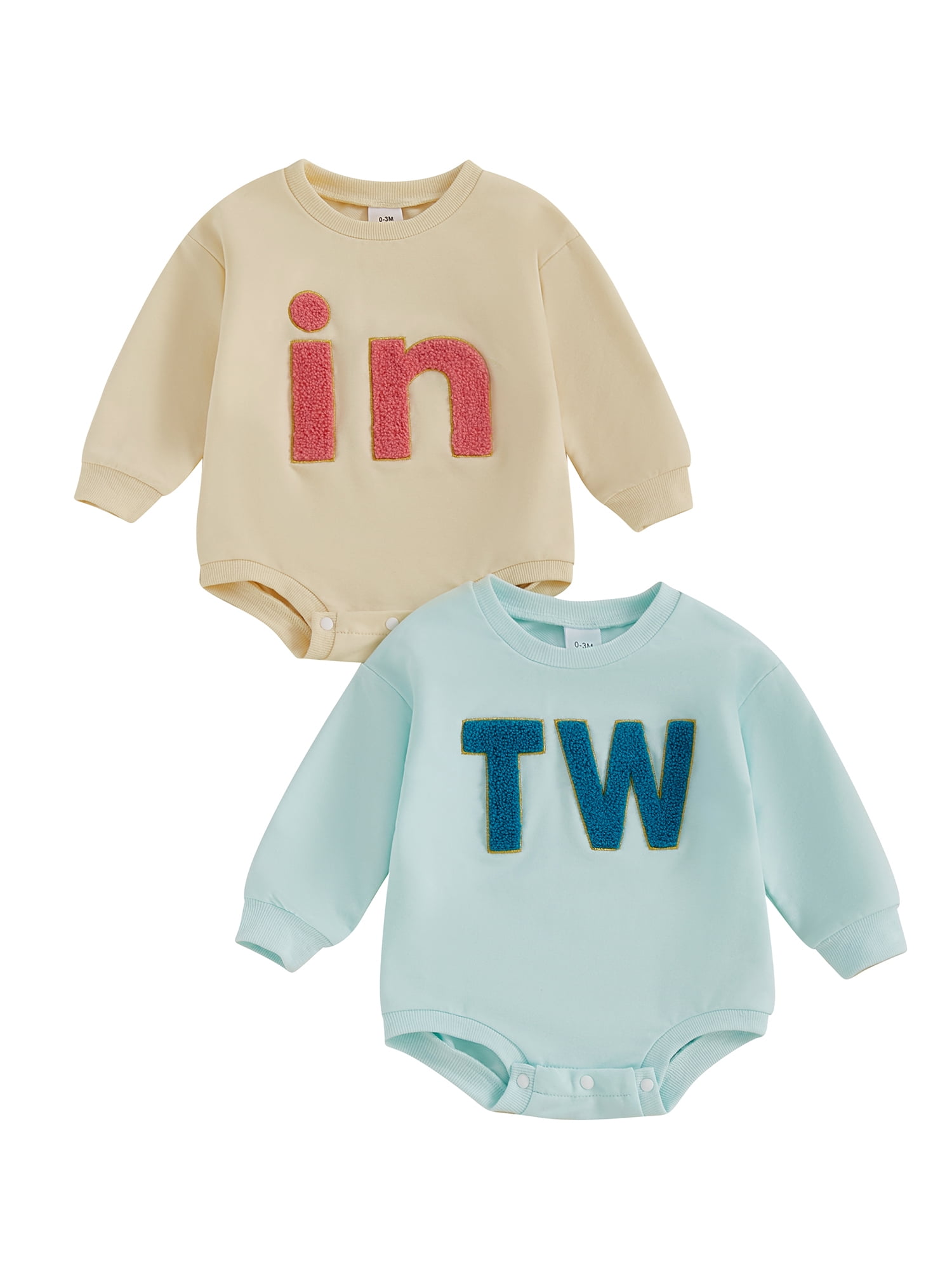 MIPREWUY Baby Twins Matching Romper Casual Letter Embroidery Long Sleeve Jumpsuit for Newborn ...