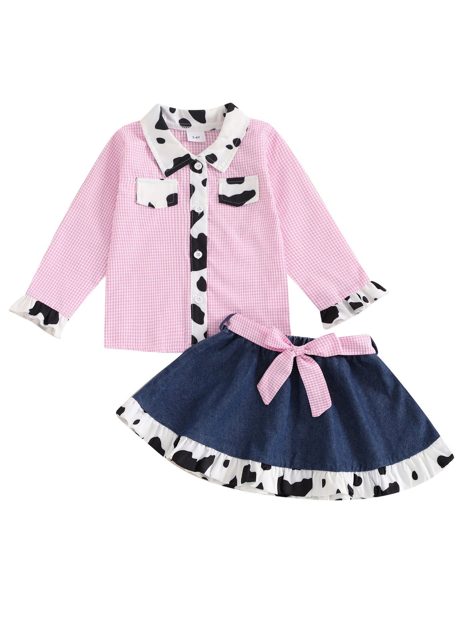 MIPREWUY Girl Fall Set Cow Print Plaid Lapel Neck Ruffled Long Sleeve ...