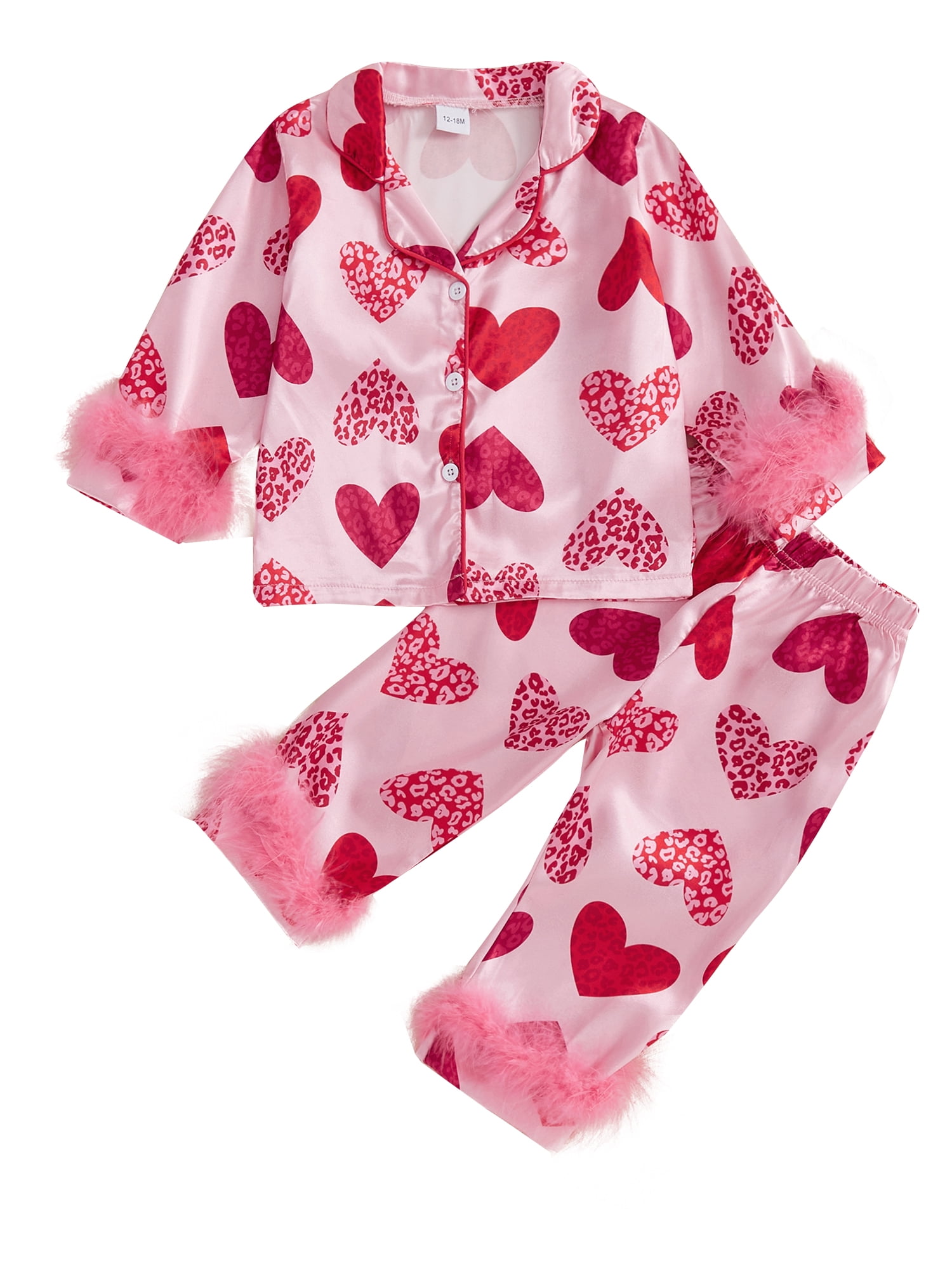 MIPREWUY Girls 2PCS Valentine's Day Pajama Sets Long Sleeve Lapel Heart Print Shirt Pants ...
