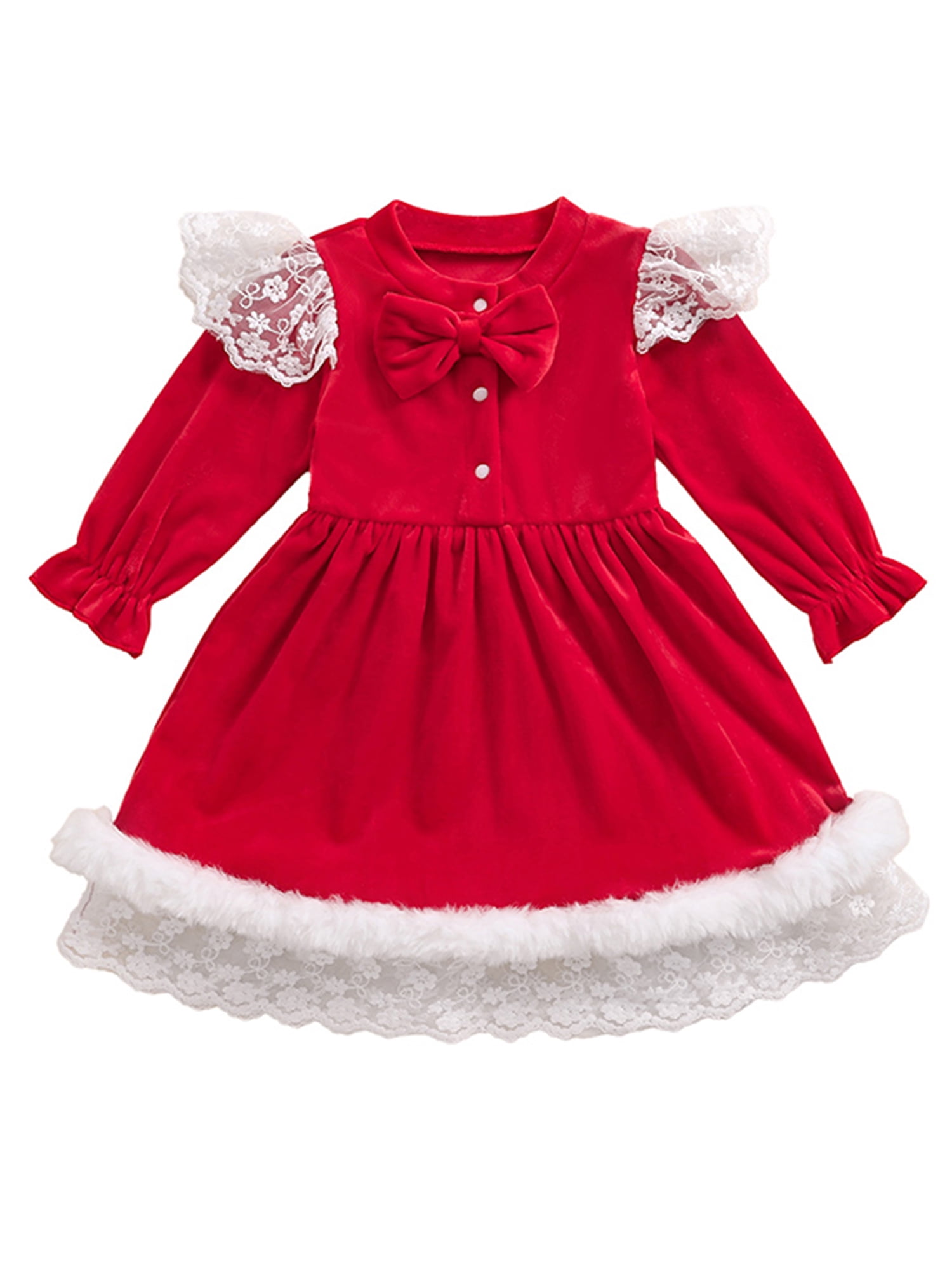 MIPREWUY Little Girls Velvet Dress Lace Terry Trim Long Sleeve Bow ...