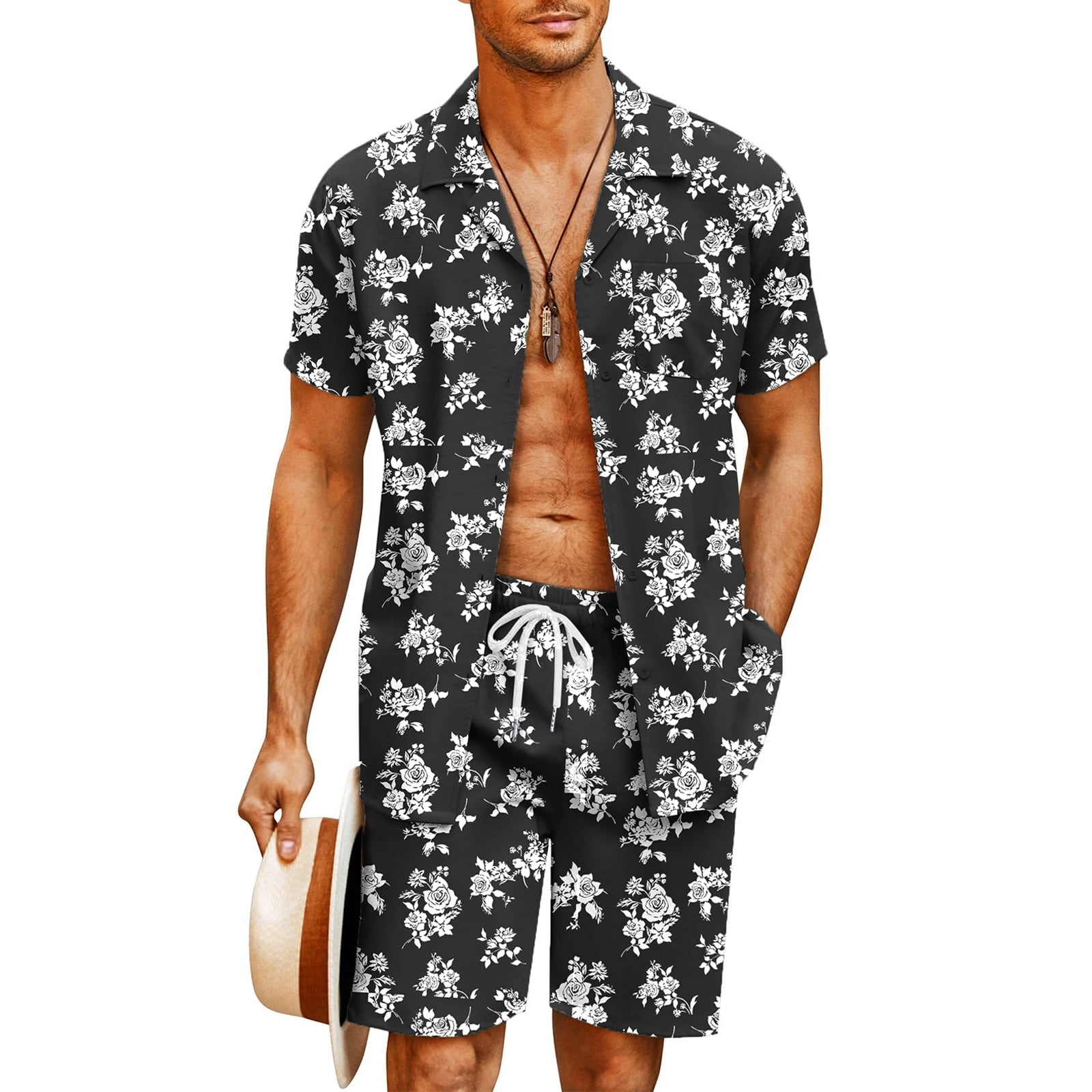 MIPREWUY Men's Two Piece Beachwear Sets Short Sleeve Button Up Floral ...