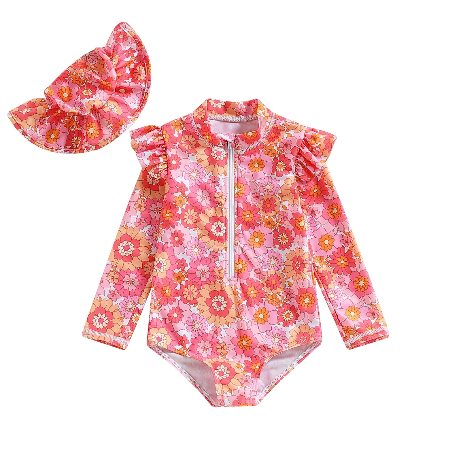 MIPREWUY Toddler Girls Rash Guard Swimsuit, Summer Long Sleeve Floral Print Ruffle Bathing Suit ...
