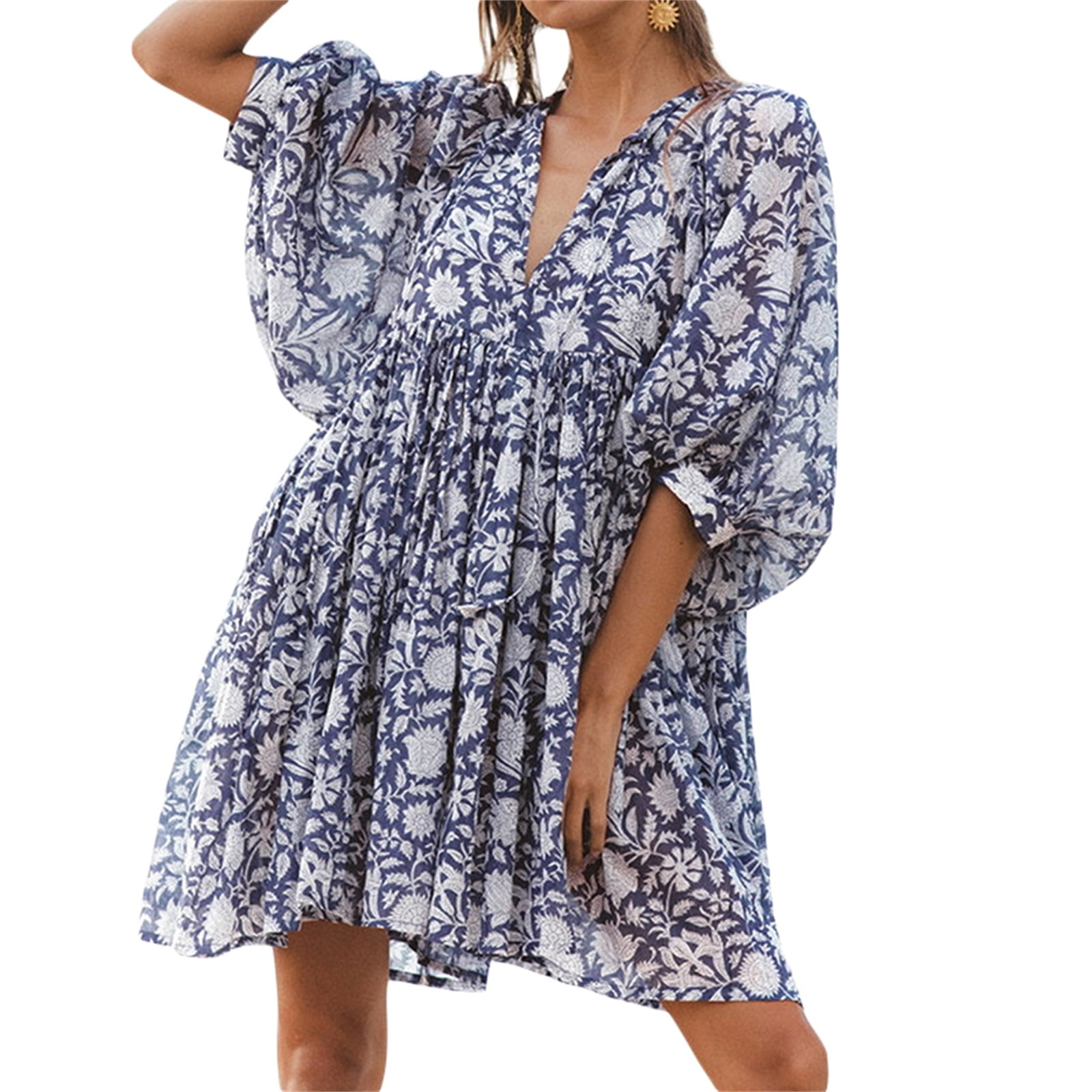 MIPREWUY Women Mini Dress, Half Sleeve Lacing Flower Print Pleated ...