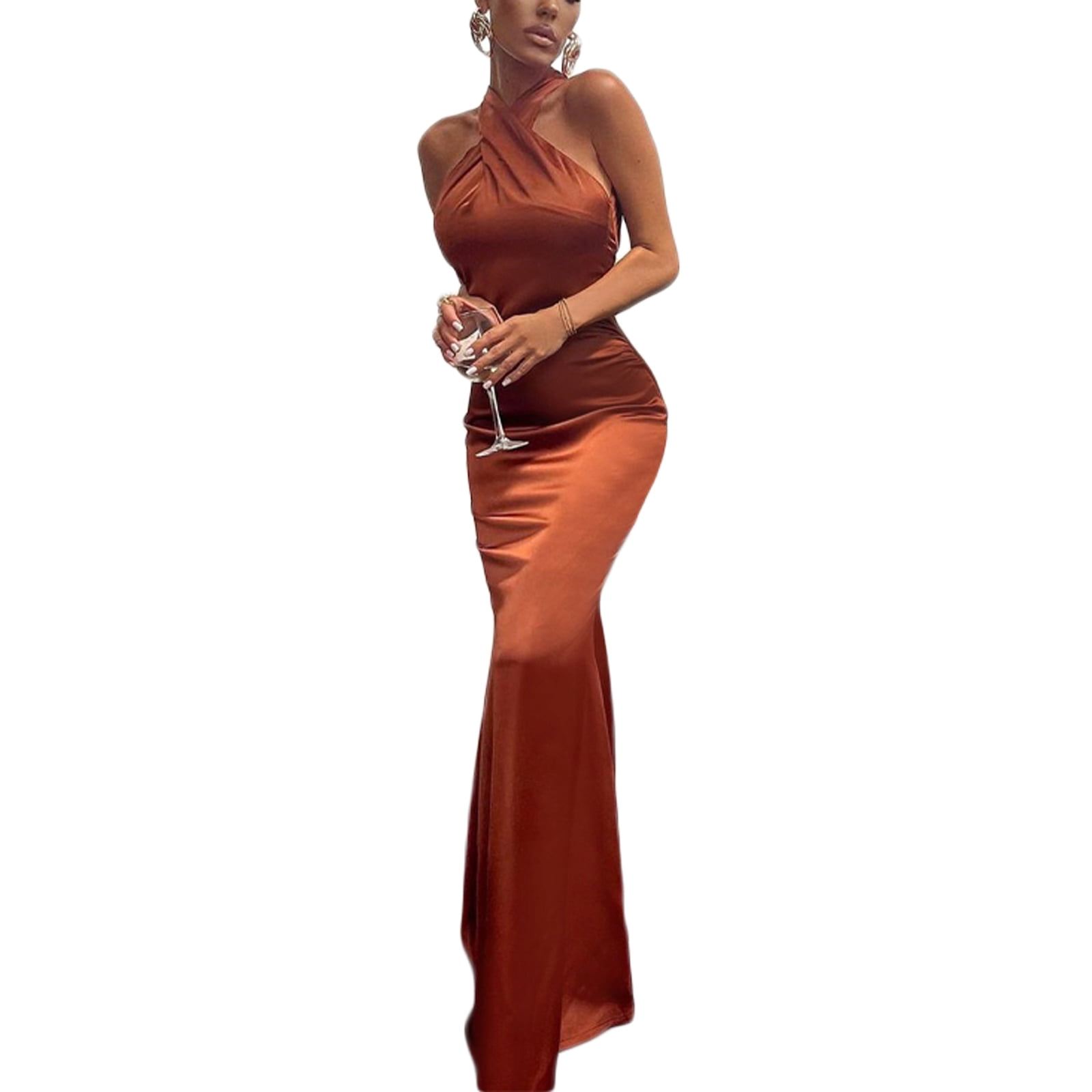 MIPREWUY Women Solid Color Long Dress, Cross Halter Backless Ball Gown ...