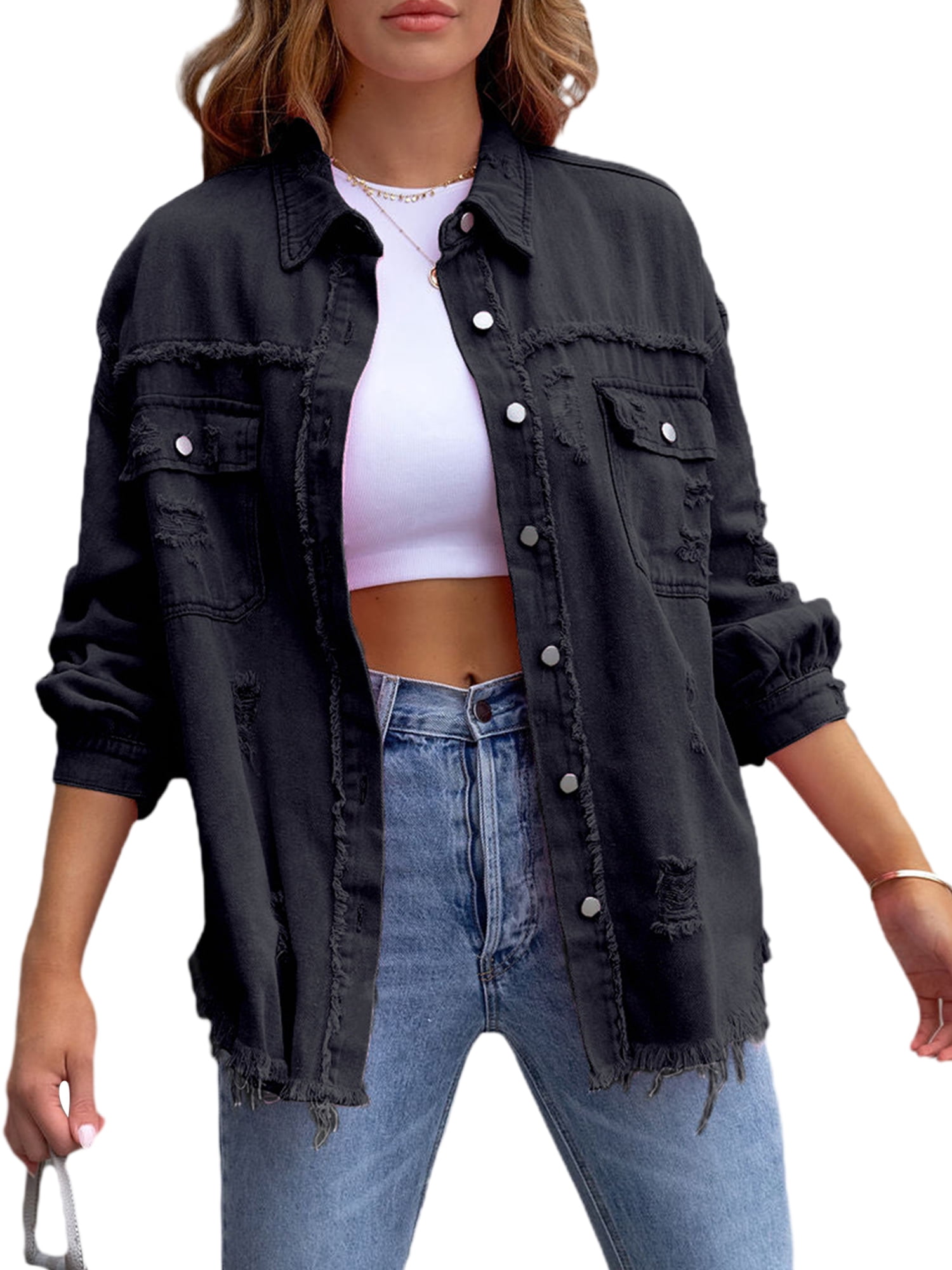 MIPREWUY Women's Ripped Distressed Denim Jacket Long Sleeve Button Down ...