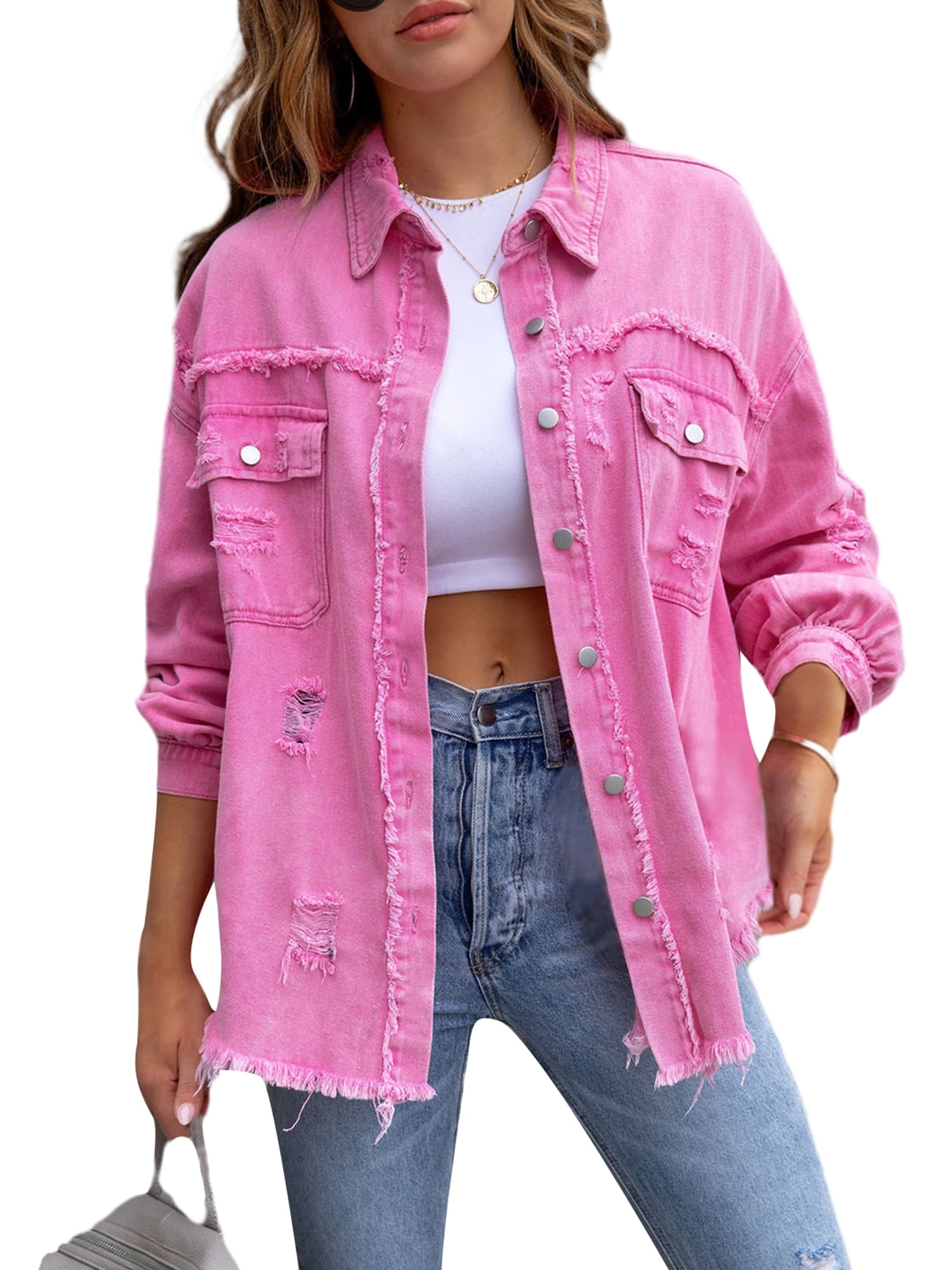 MIPREWUY Women's Ripped Distressed Denim Jacket Long Sleeve Button Down ...