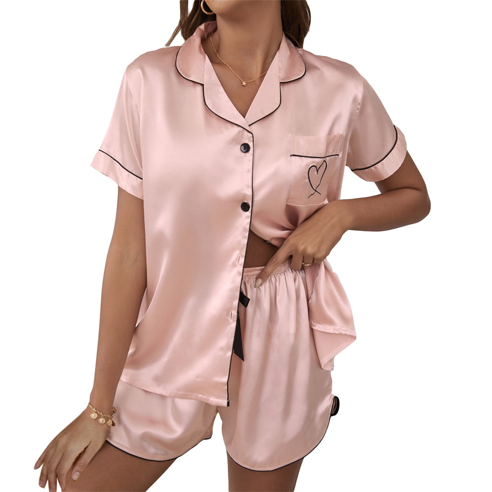 MIPREWUY Women’s Satin Pajama Set Summer Short Sleeve Heart Embroidery ...