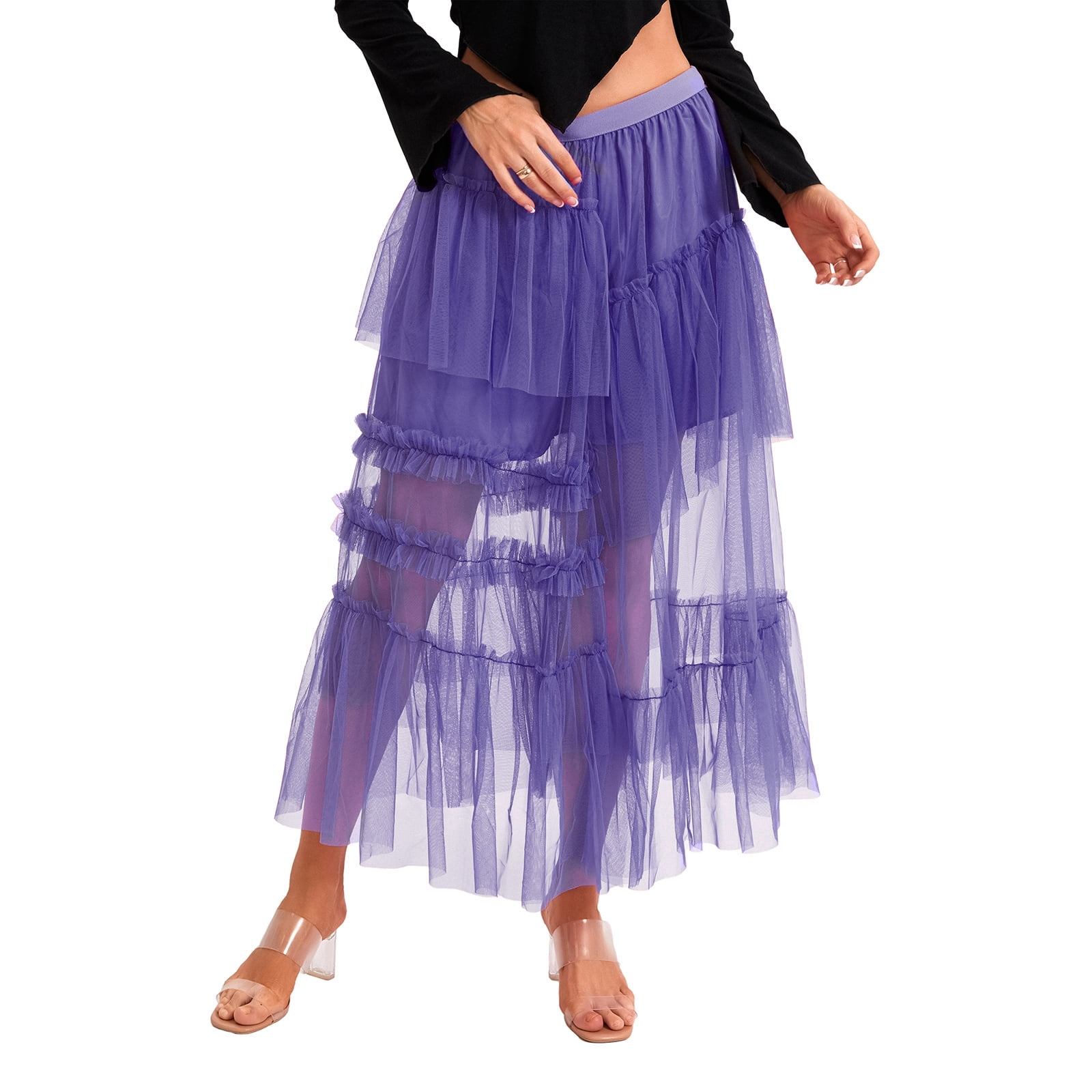 MIPREWUY Women's Summer Long Mesh Skirt Solid Color Sheer Flowy Skirt ...