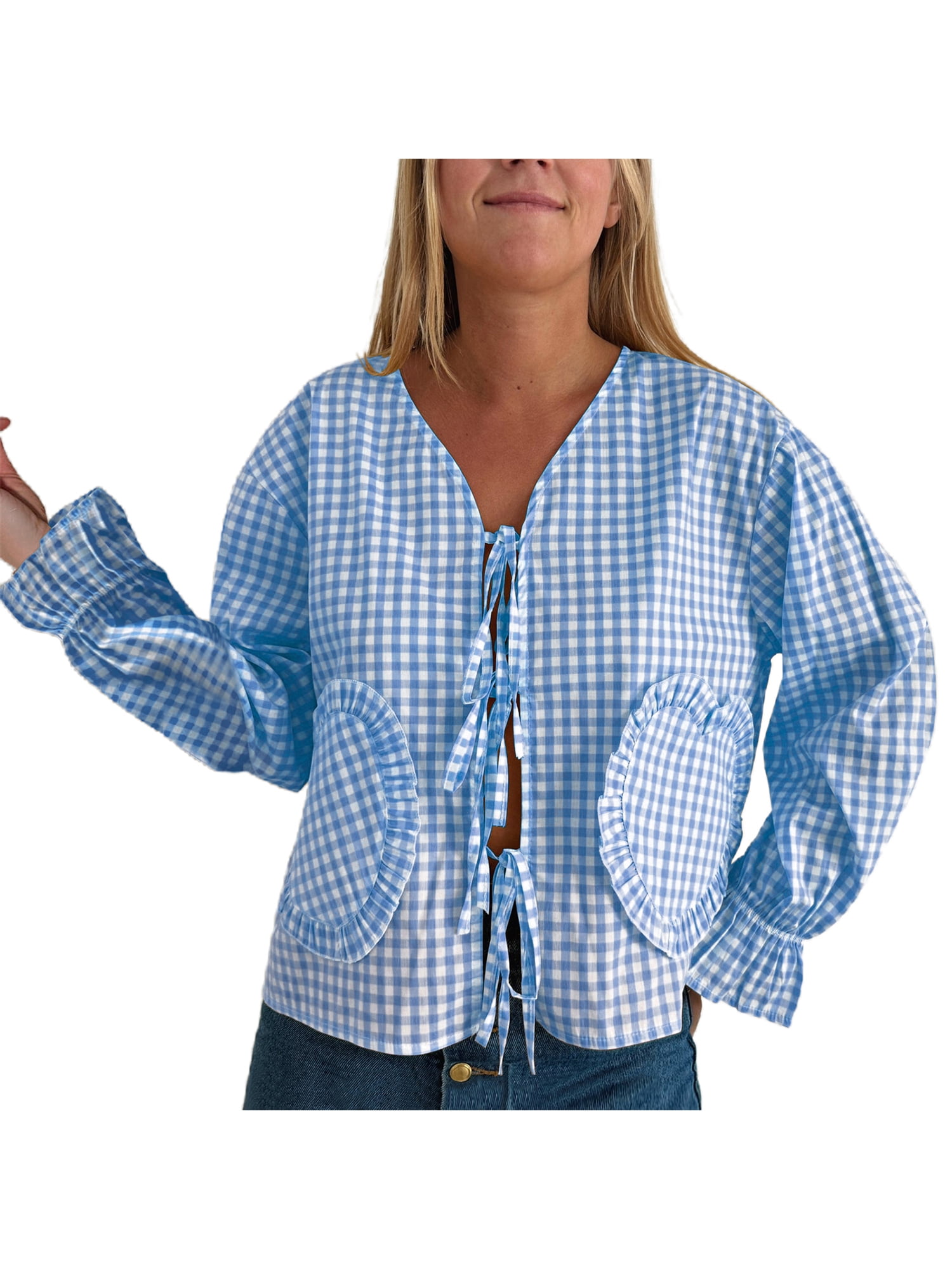 MIPREWUY Women’s Tie-up Front Tops Long Sleeve V Neck Plaid Print ...