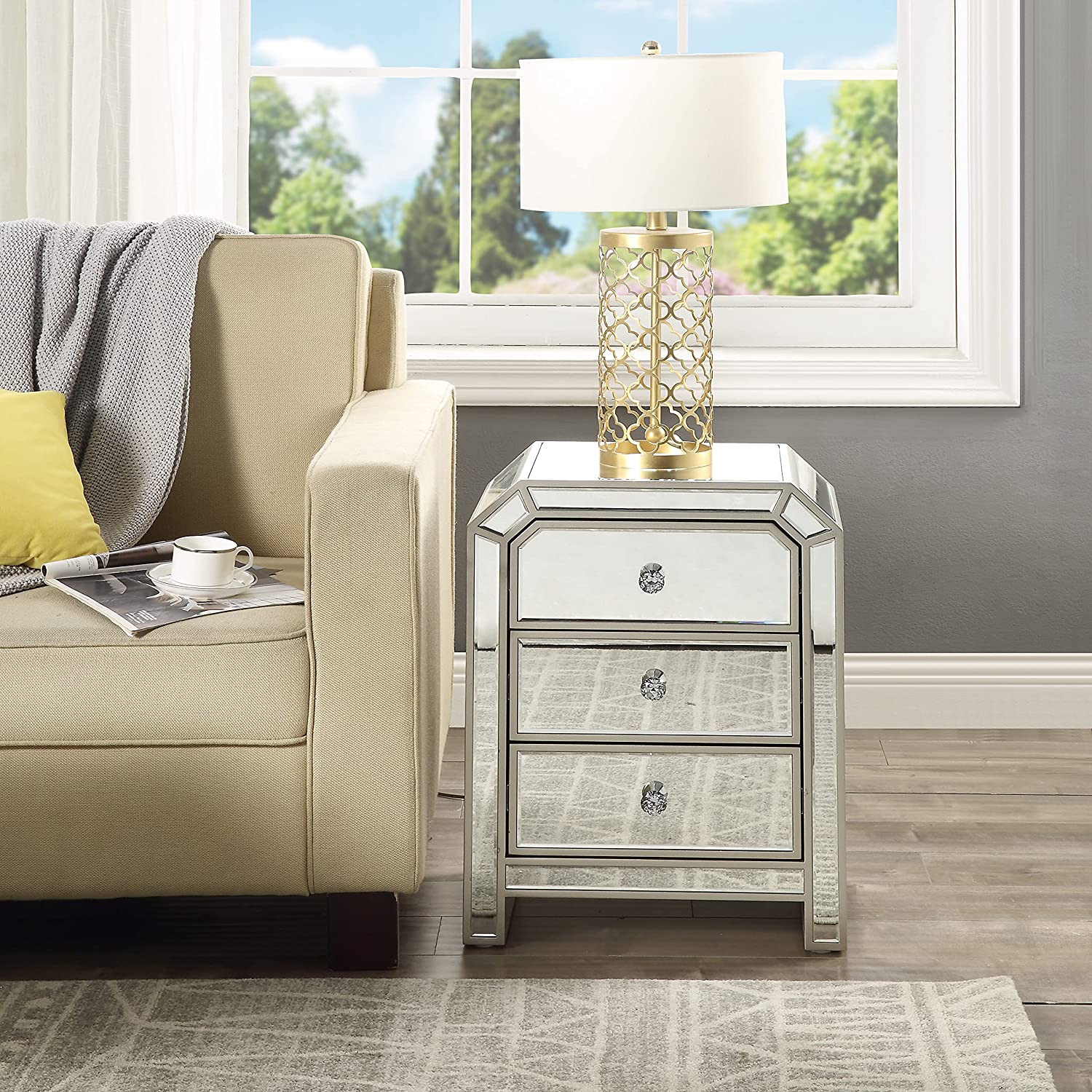 MIREO Mirrored Nightstand Golden Lines End Table with 3-Drawers Mirror ...