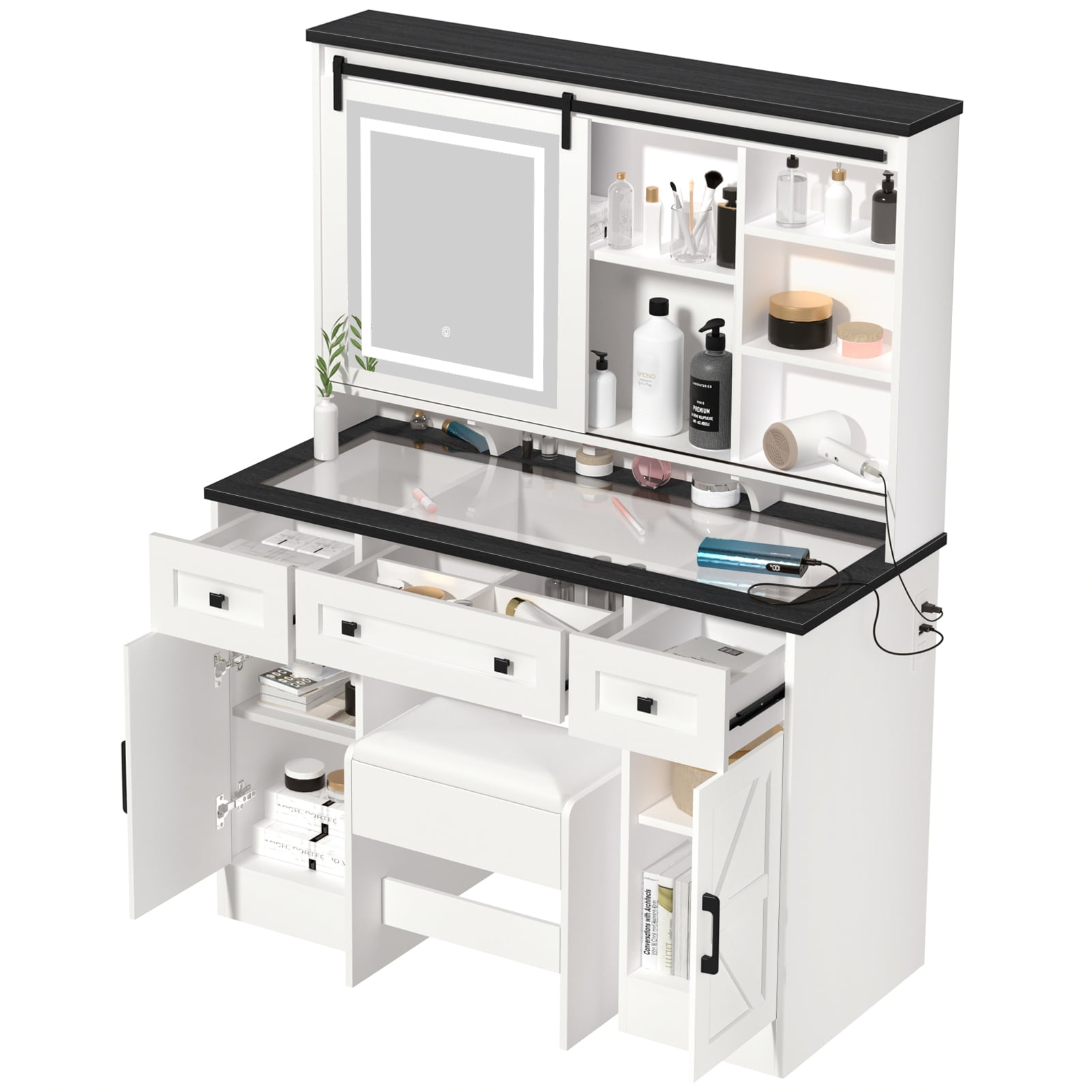 MIRROR Vanity Desk with Sliding Mirror - Large Makeup Table Chair Set ...