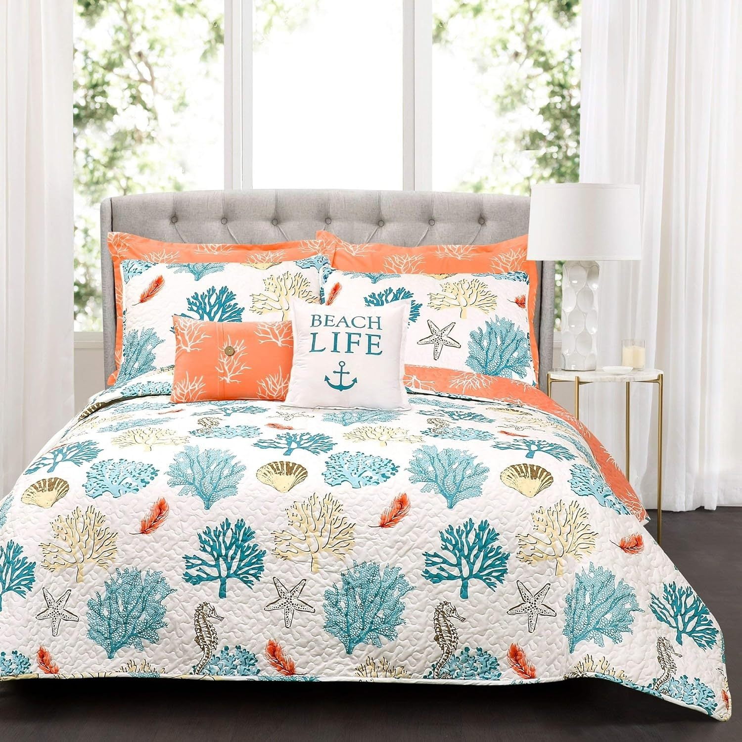 MISC 7 Piece Blue White Beach Theme Quilt King Set Teal Orange Tropical ...