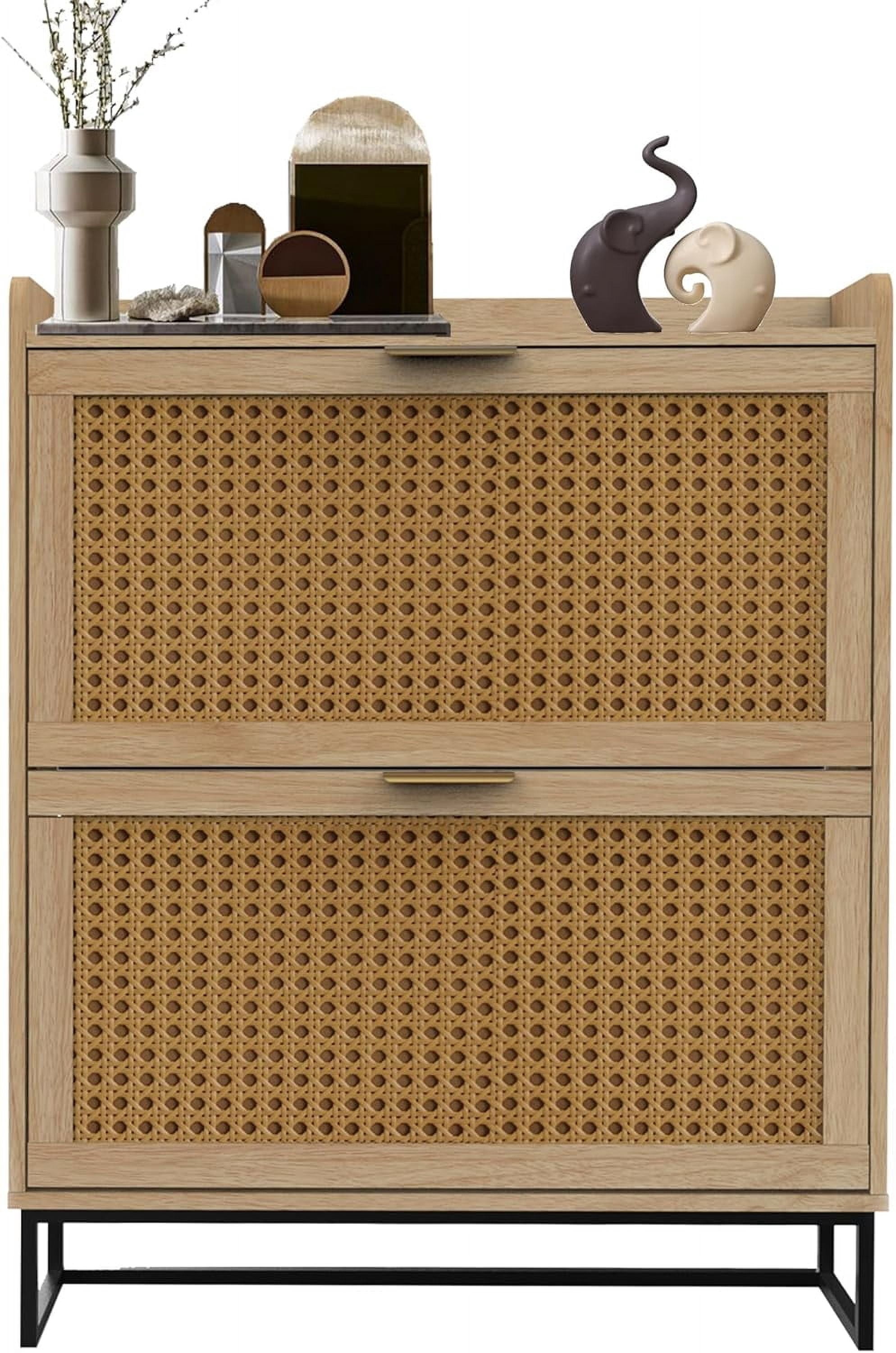MISHAO Rattan Shoe Storage Cabinet with 2 Flip Drawers, Narrow Hidden ...