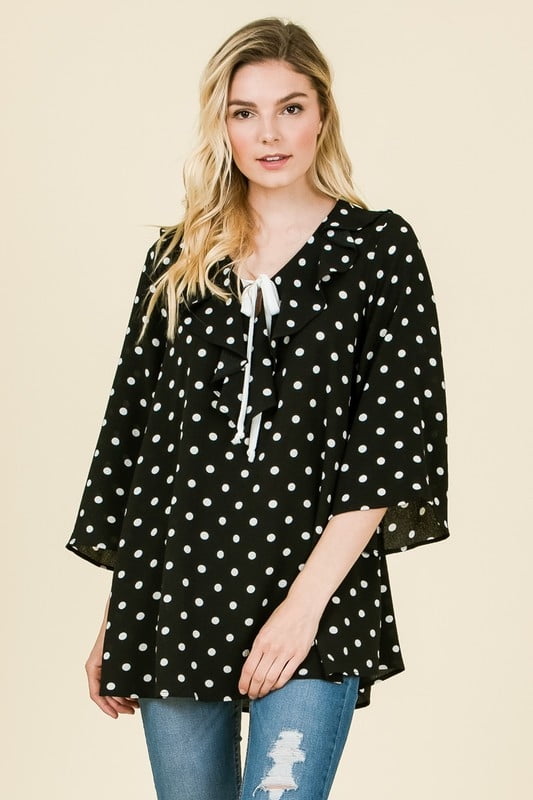 MISIA Polka Dot Top With Front Tie and 3/4 Sleeves - Walmart.com