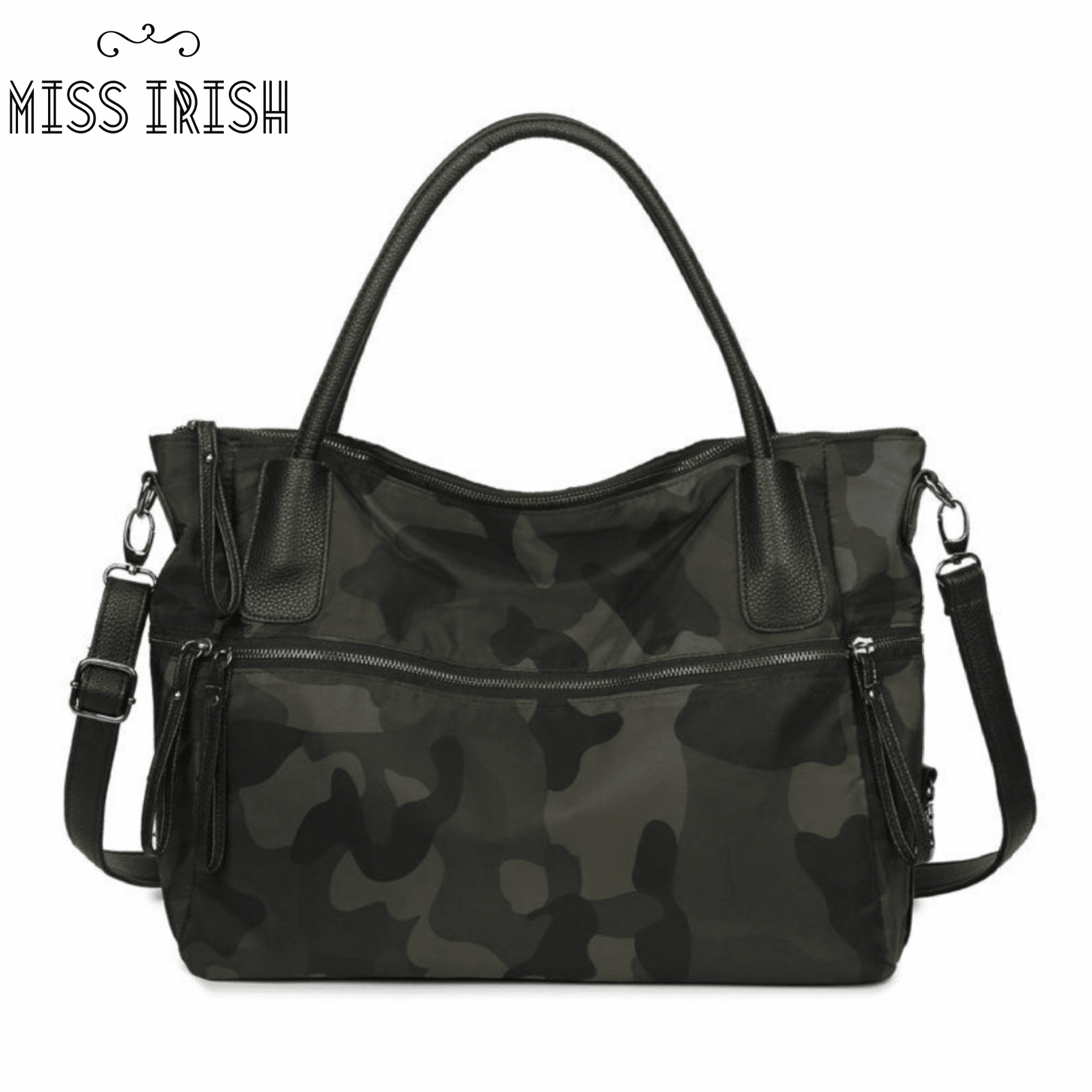 MISS IRISH® Green Camo Oxford Nylon Tote, Leather Shoulder Messenger ...