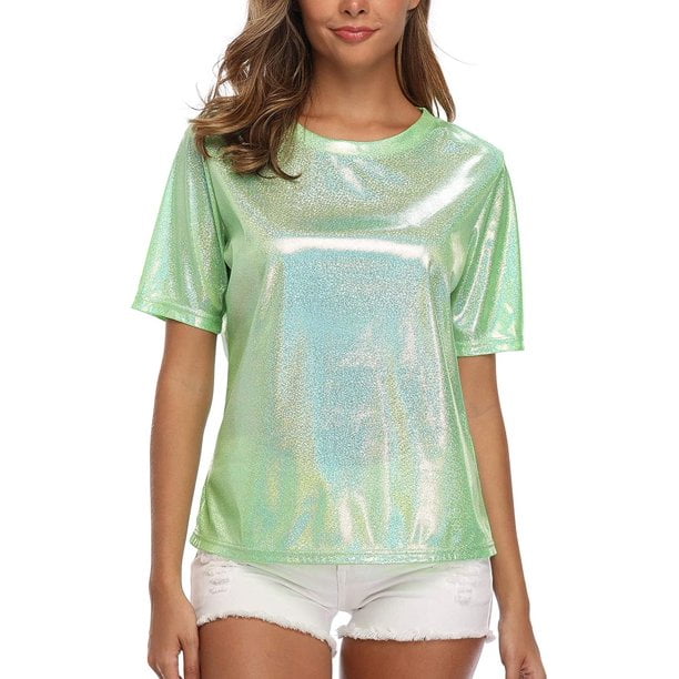 MISS MOLY Women's Shiny Tops Holographic Metallic Shirt Shimmer Glitter ...